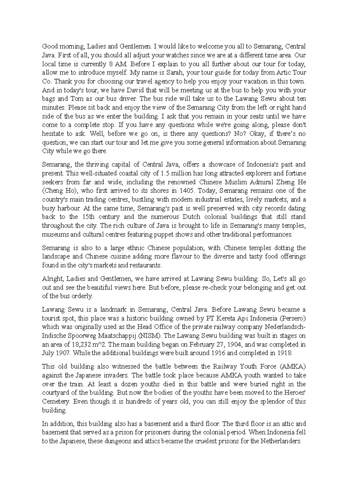 Lawang Sewu Tour Guide Script - Good morning, Ladies and Gentlemen. I ...