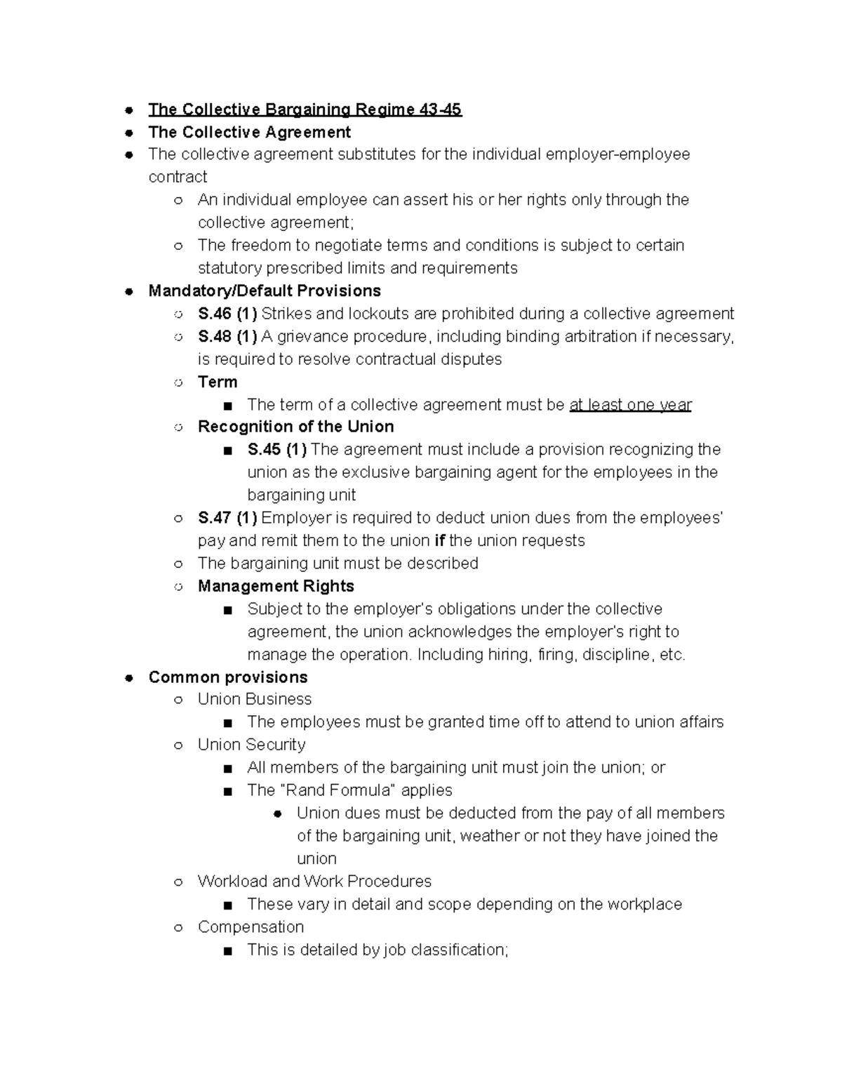 CLAW 529 Notes - The Collective Bargaining Regime 43- The Collective ...