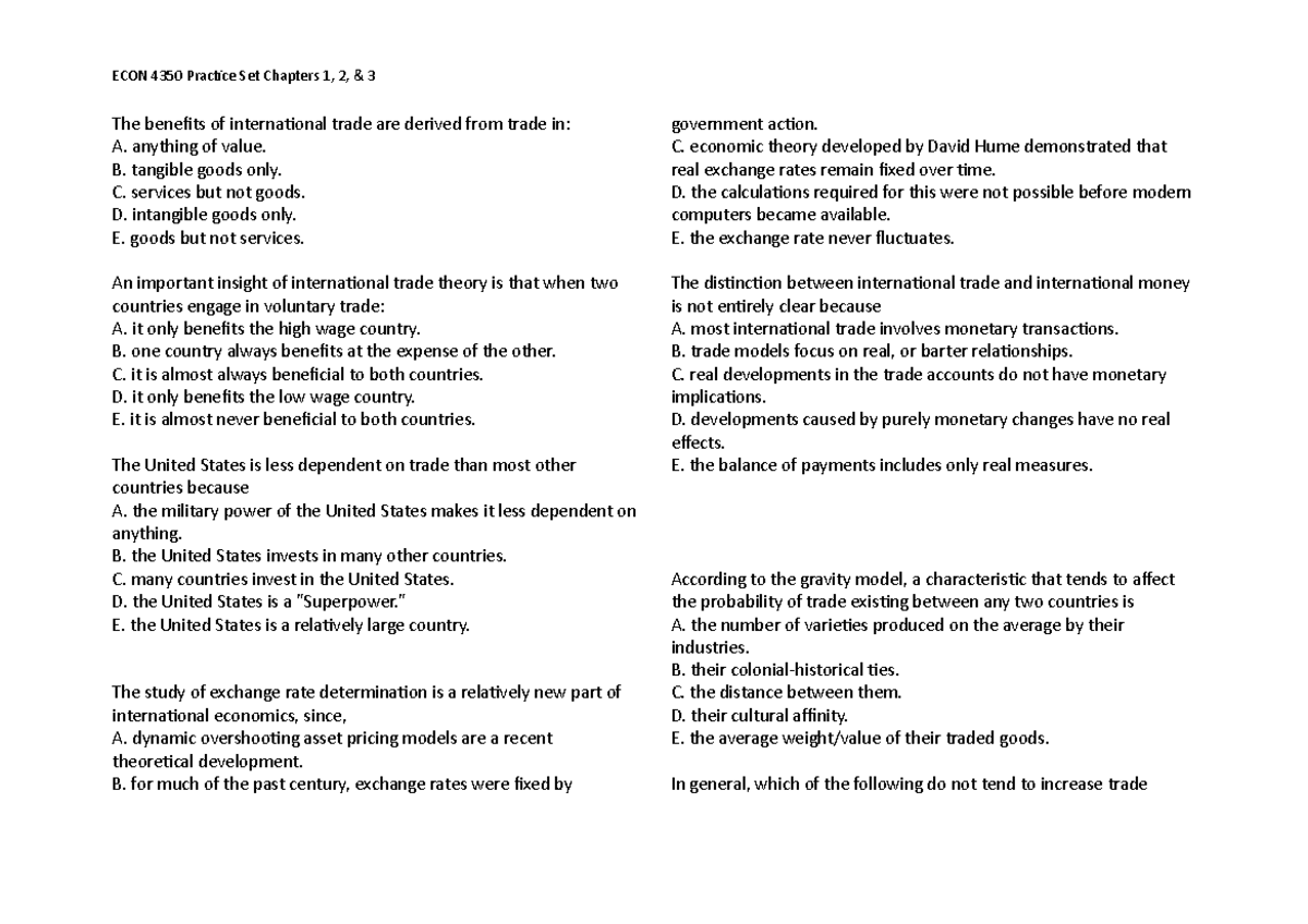 Multiple Choice Practice Set 1A - The benefits of international trade ...