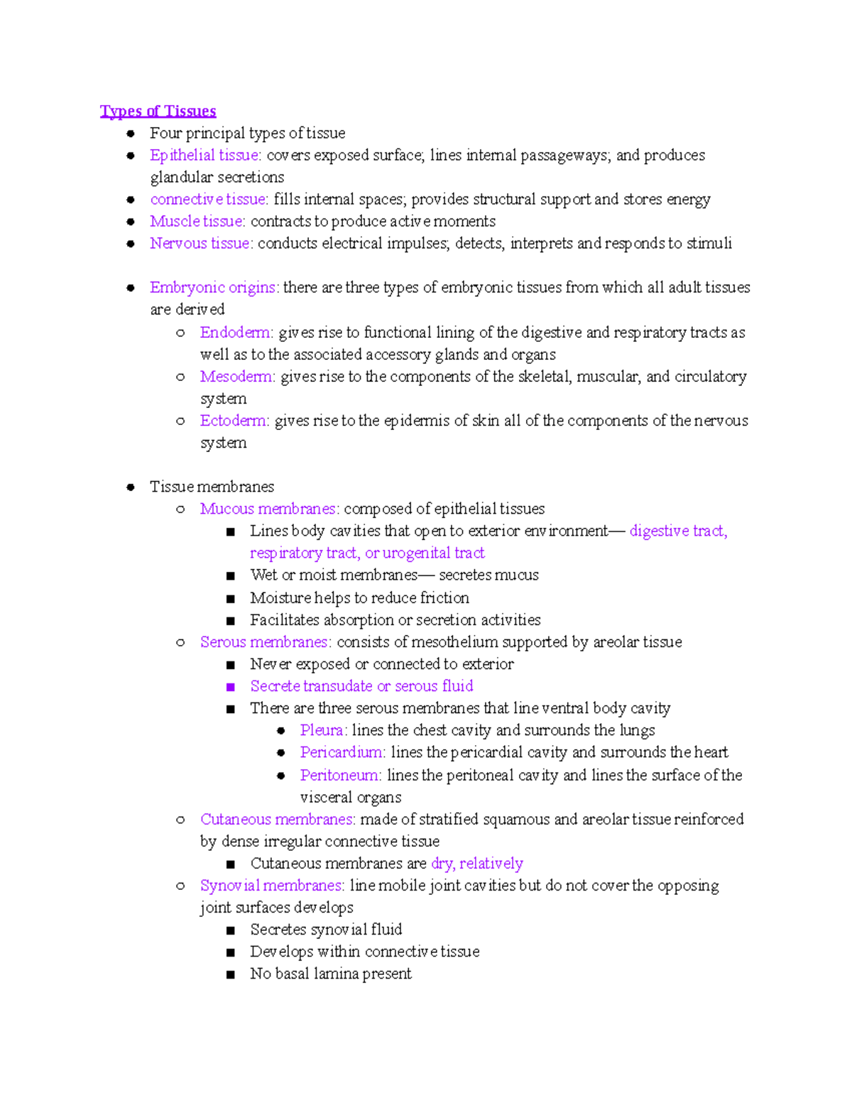 Chapter 4-Notes - Types of Tissues Four principal types of tissue ...