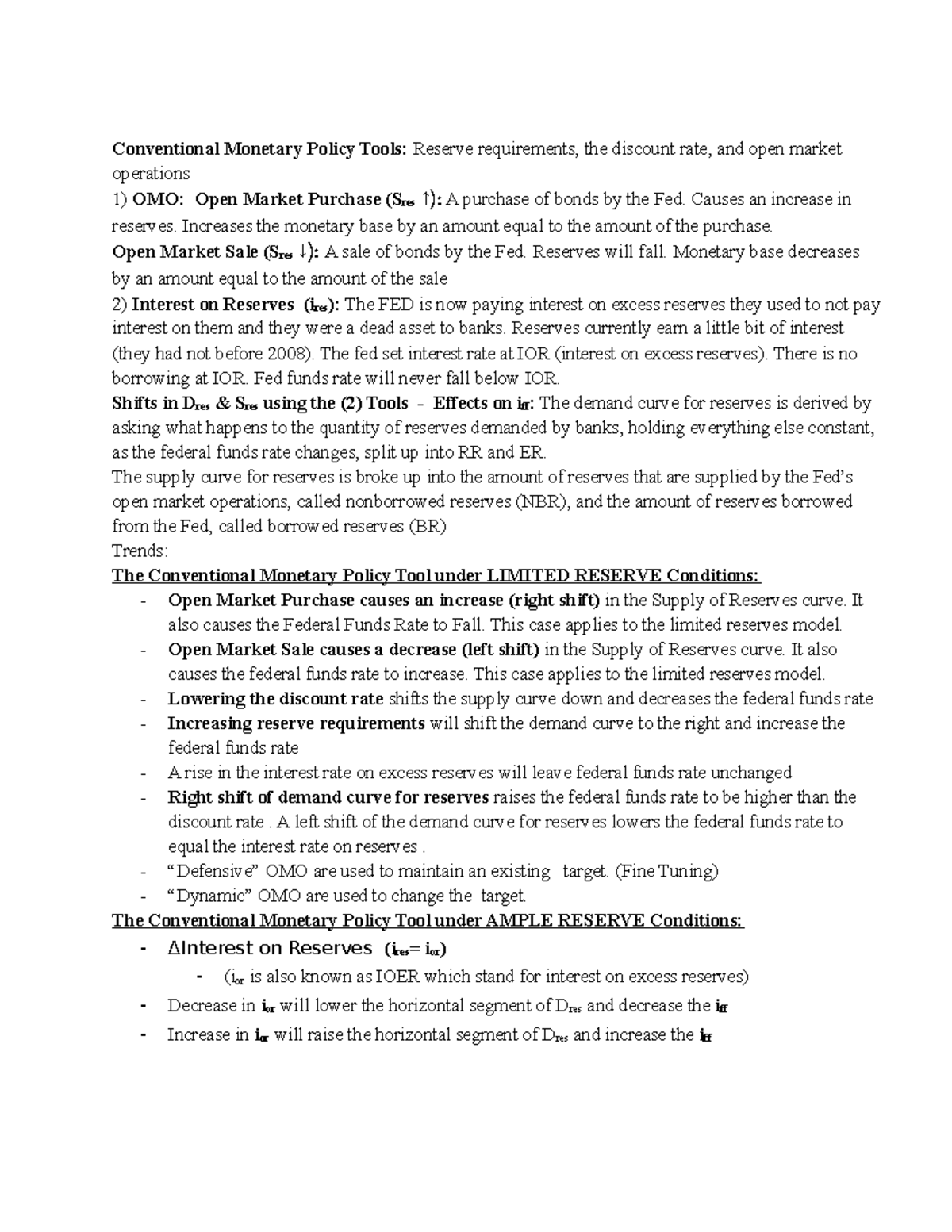 Final Exam Guide - Conventional Monetary Policy Tools: Reserve ...