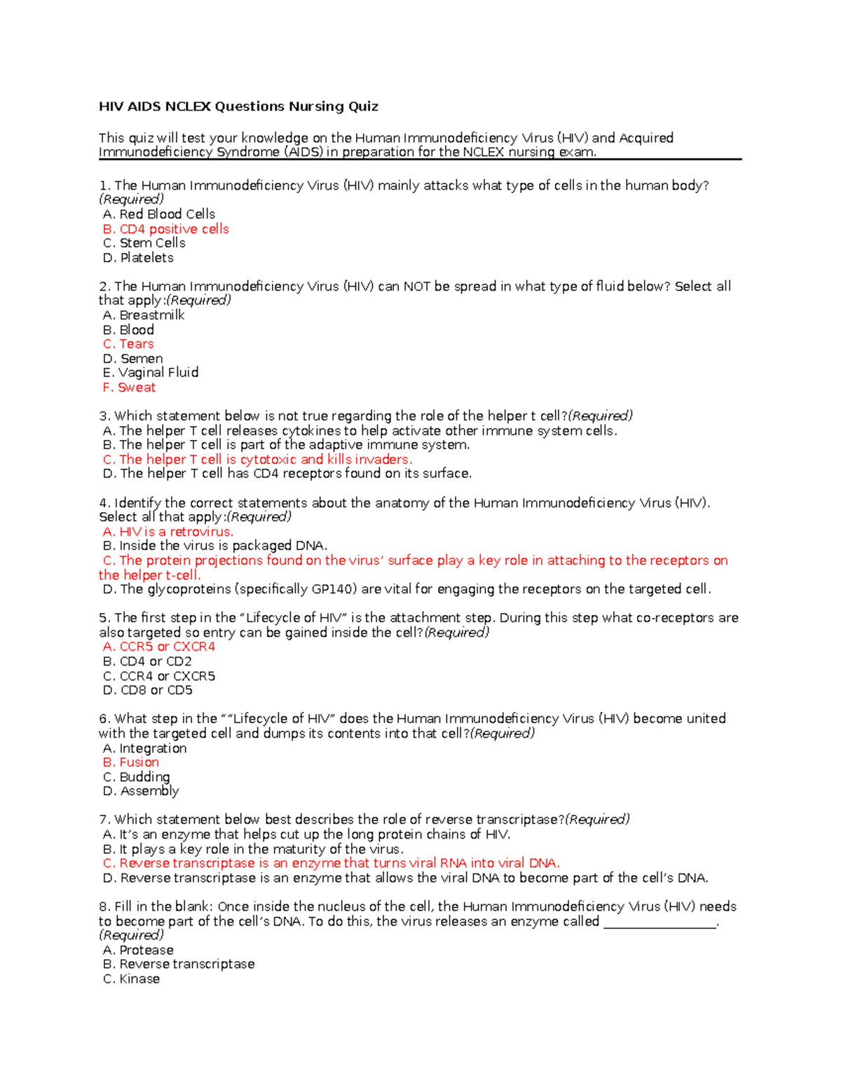 HIV AIDS Nclex Questions Nursing Quiz - HIV AIDS NCLEX Questions ...