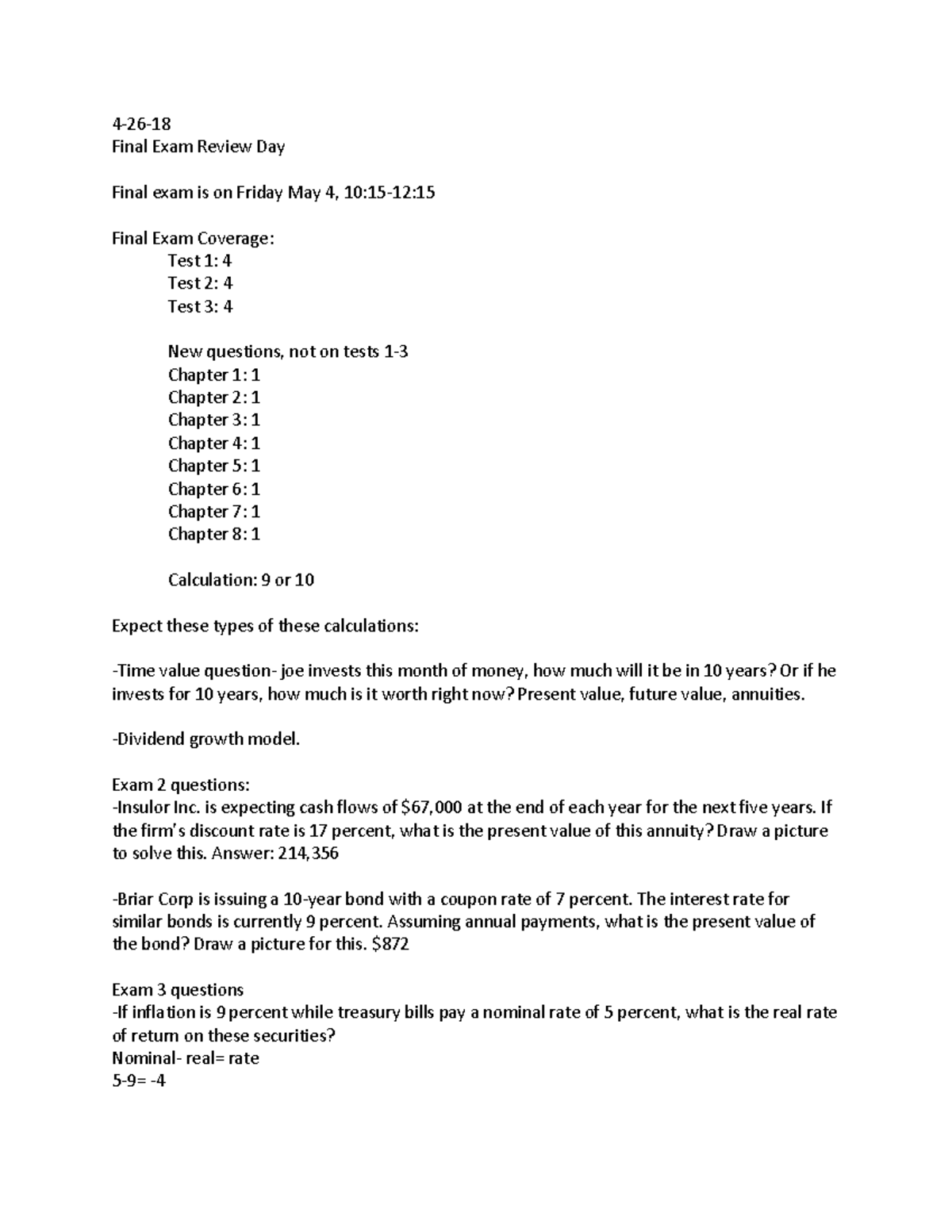FINC300 04262018 - Lecture notes final exam review day - Warning: TT ...