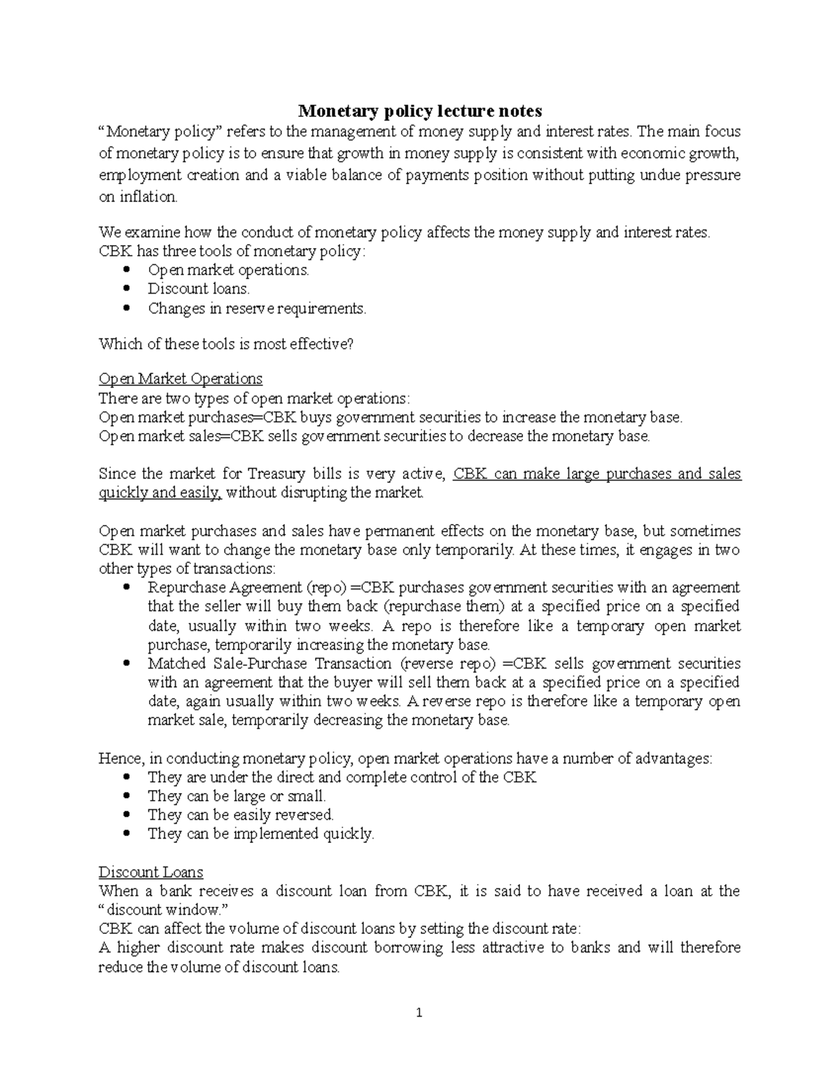 Monetary policy and targeting lecture notes - Monetary policy lecture ...