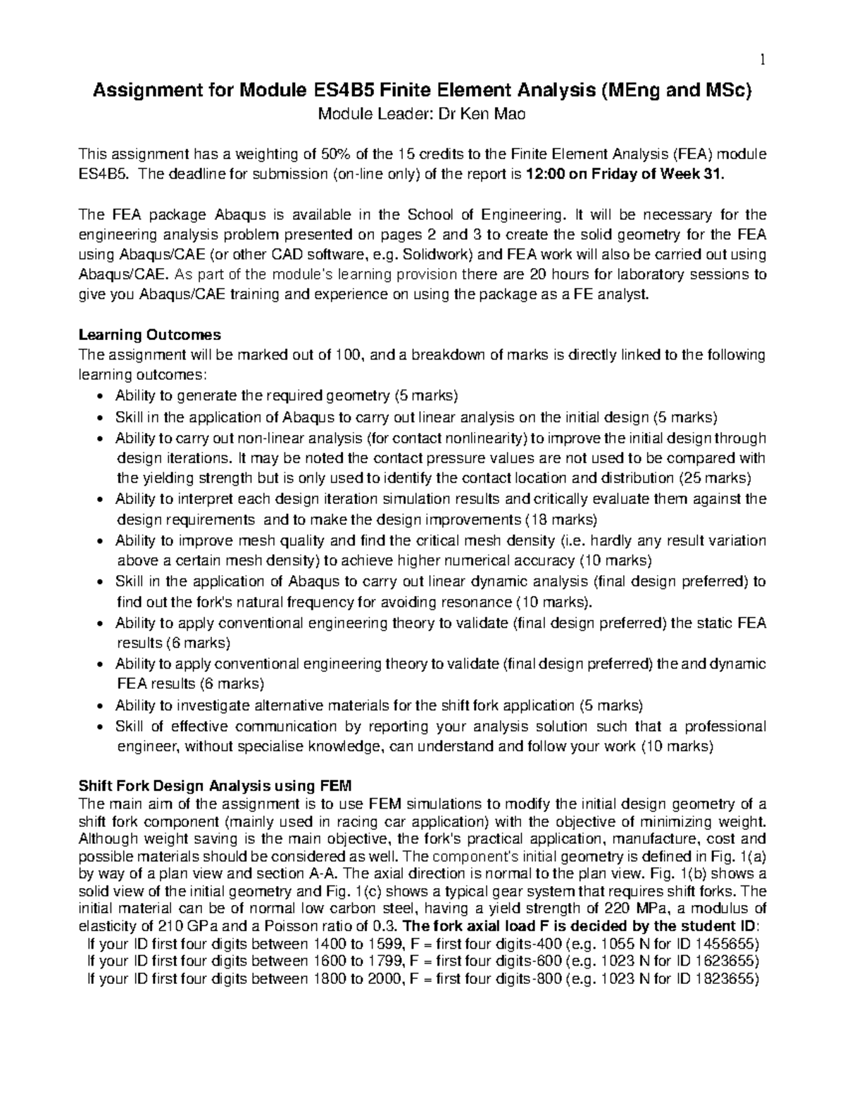 ES4B5-Assignment 2019-20 - 1 Assignment for Module ES4B5 Finite Element Analysis (MEng and MSc ...