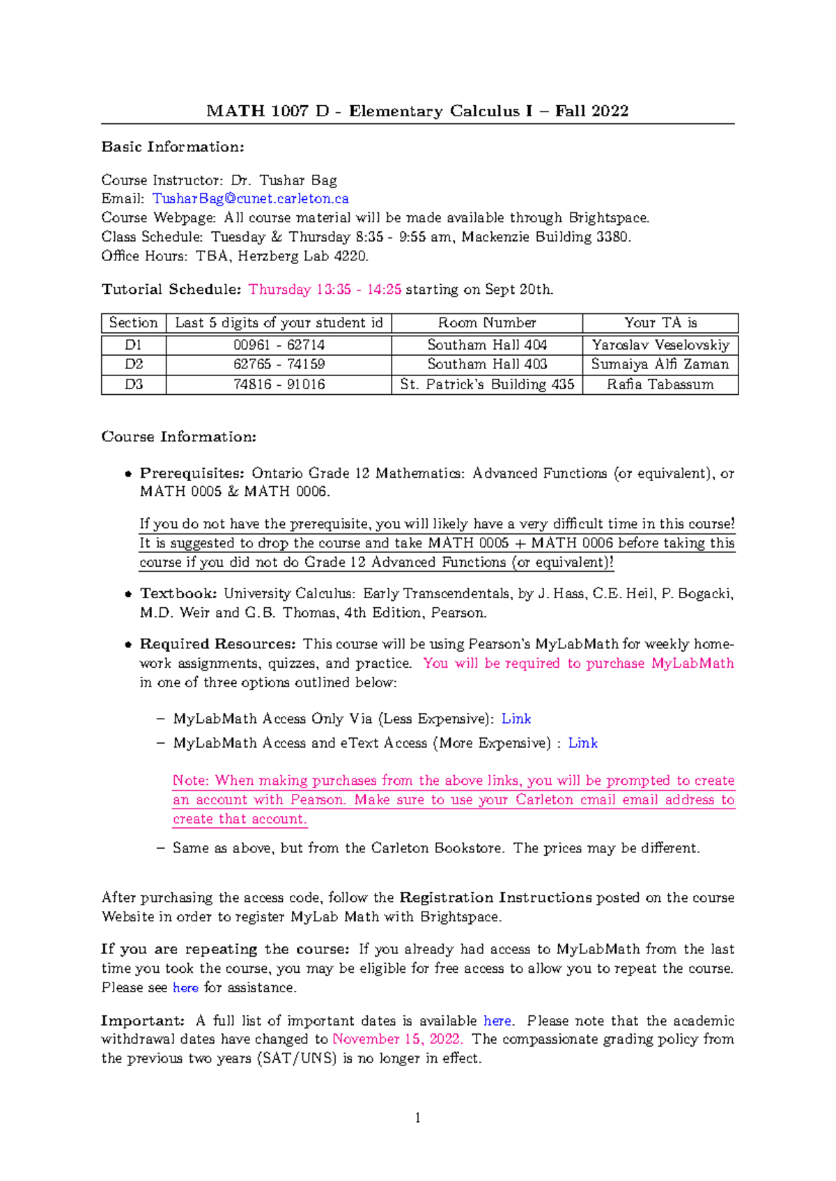 Course Outline MATH 1007 D - MATH 1007 D - Elementary Calculus I – Fall ...