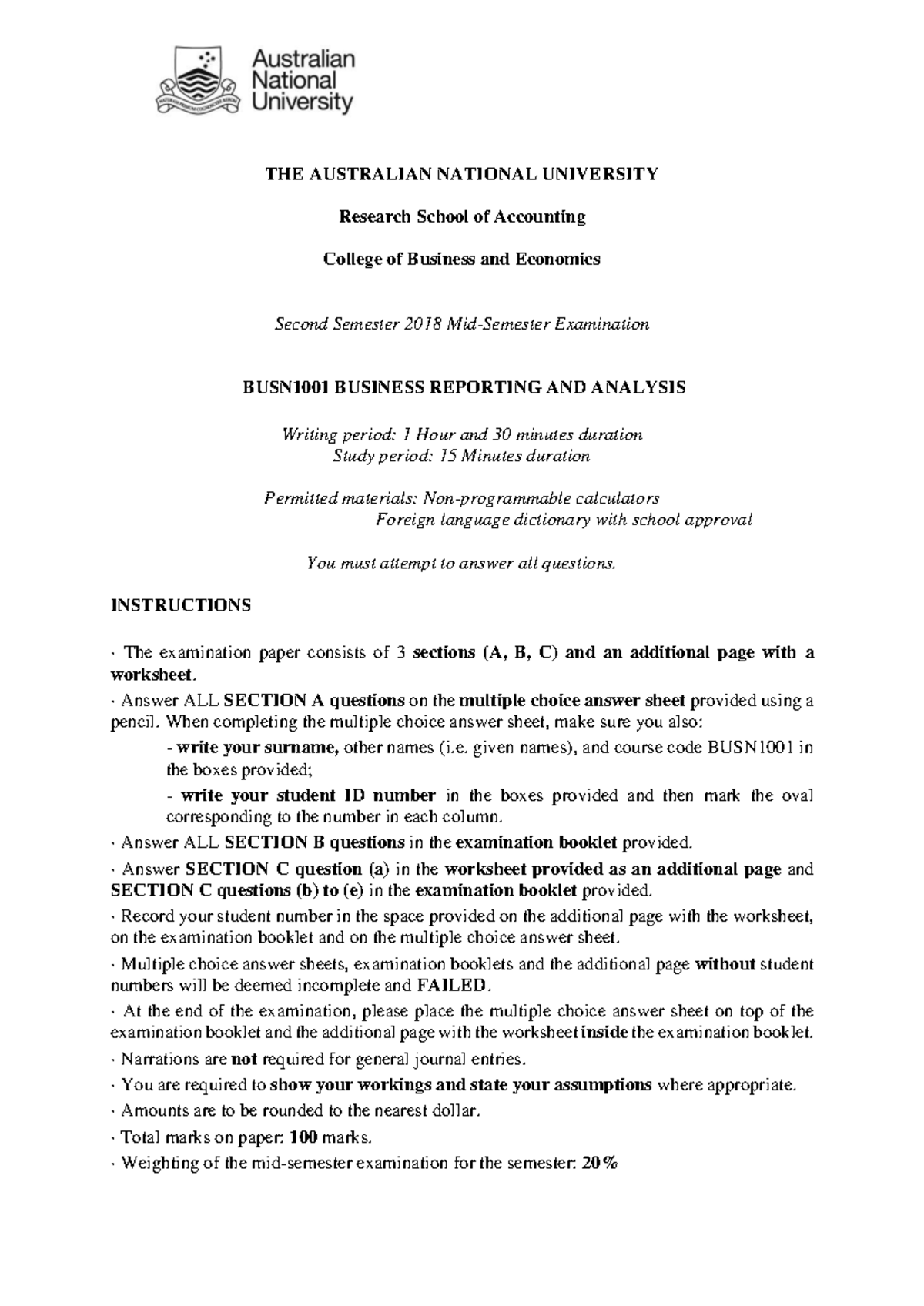 2018 term 1 20% exam - Practice exam - THE AUSTRALIAN NATIONAL ...