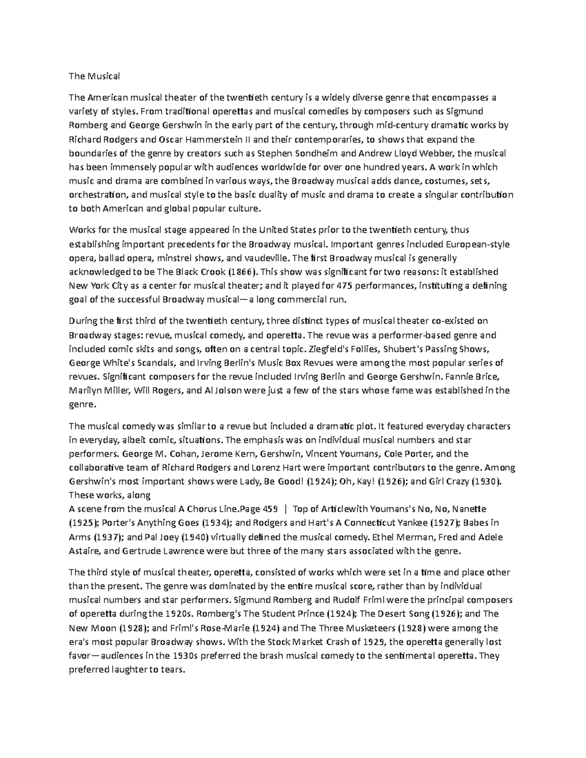 Week 4 notes musical - The Musical The American musical theater of the ...