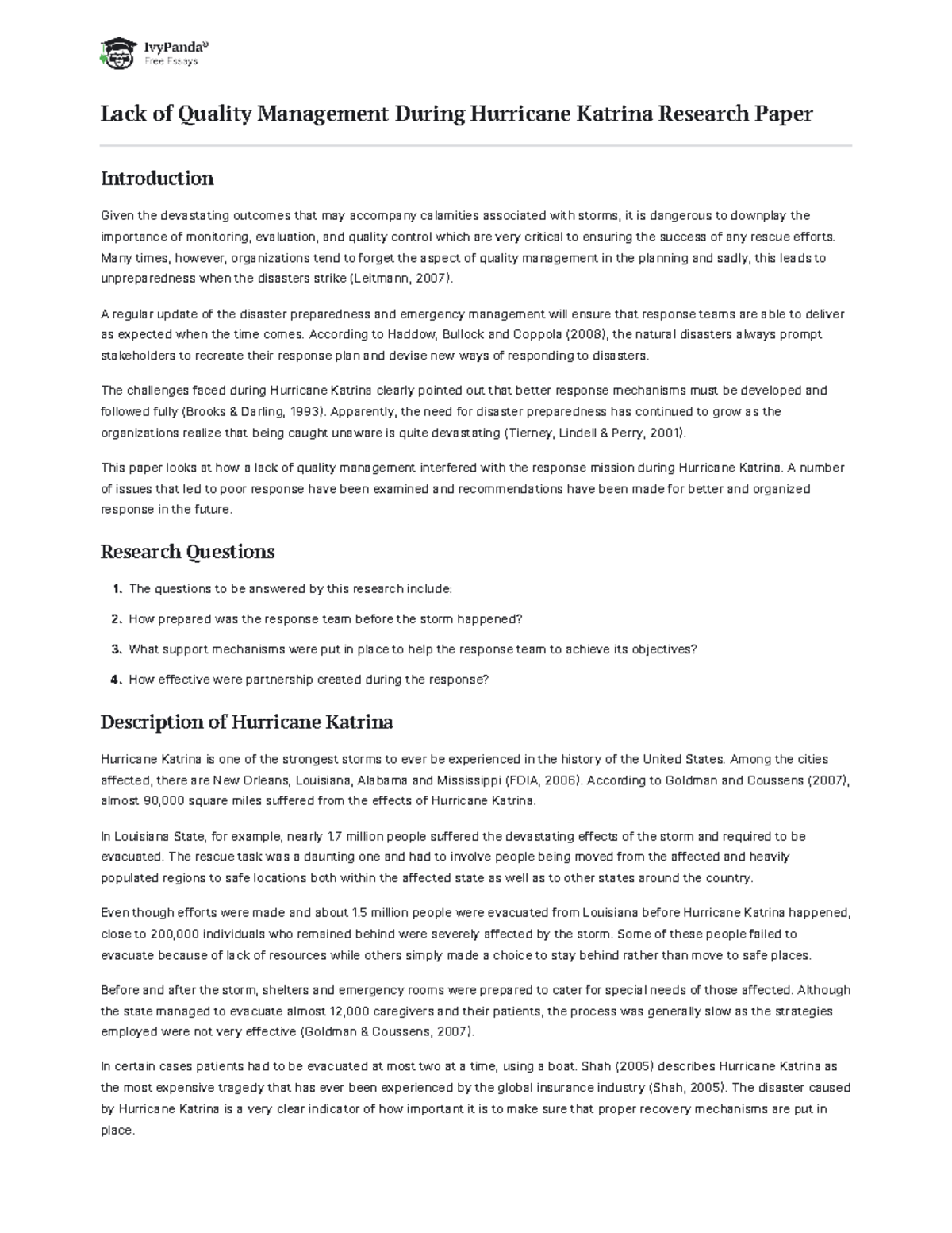 Lack of Quality Management during Hurricane Katrina - 3180 Words ...