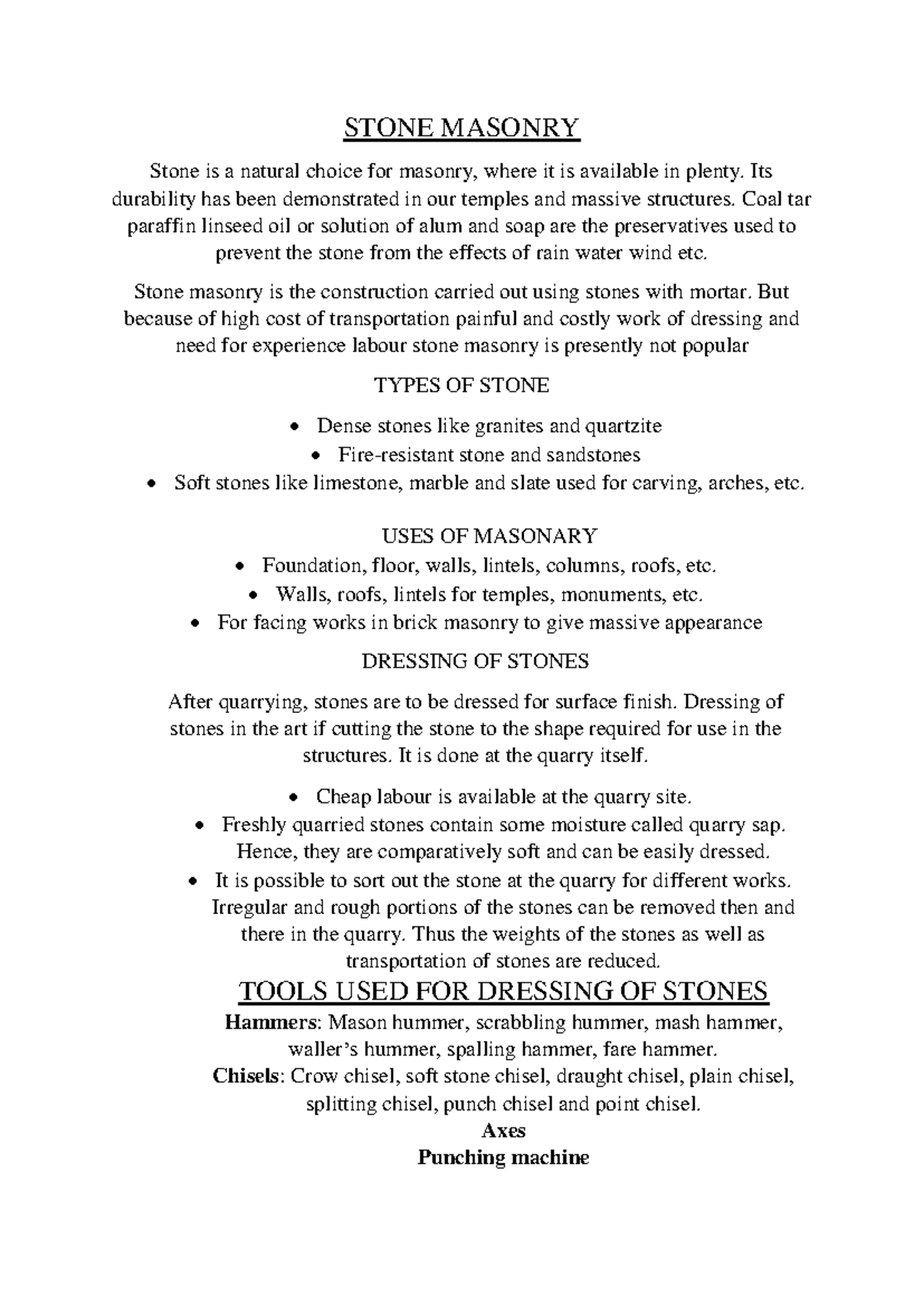 Stone Masonry - Summary Civil Procedure Code - STONE MASONRY Stone is a ...