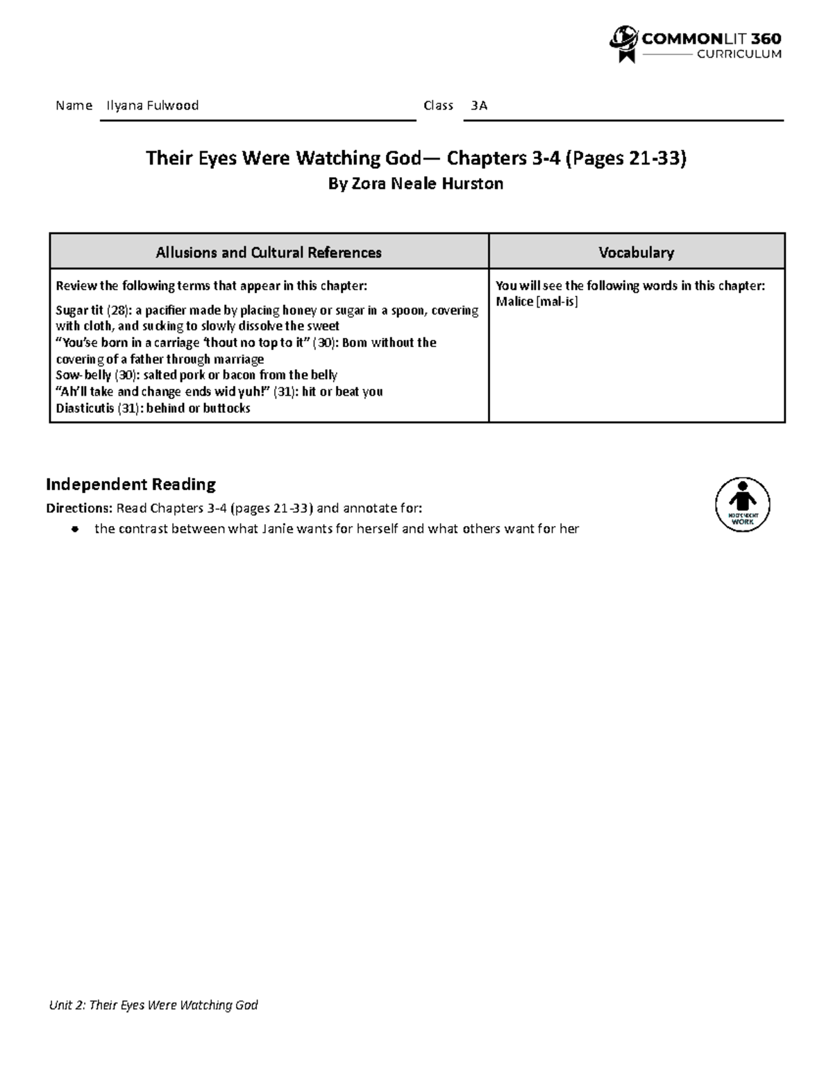 Copy of Their Eyes Were Watching God Chapter 3-4 During Reading ...