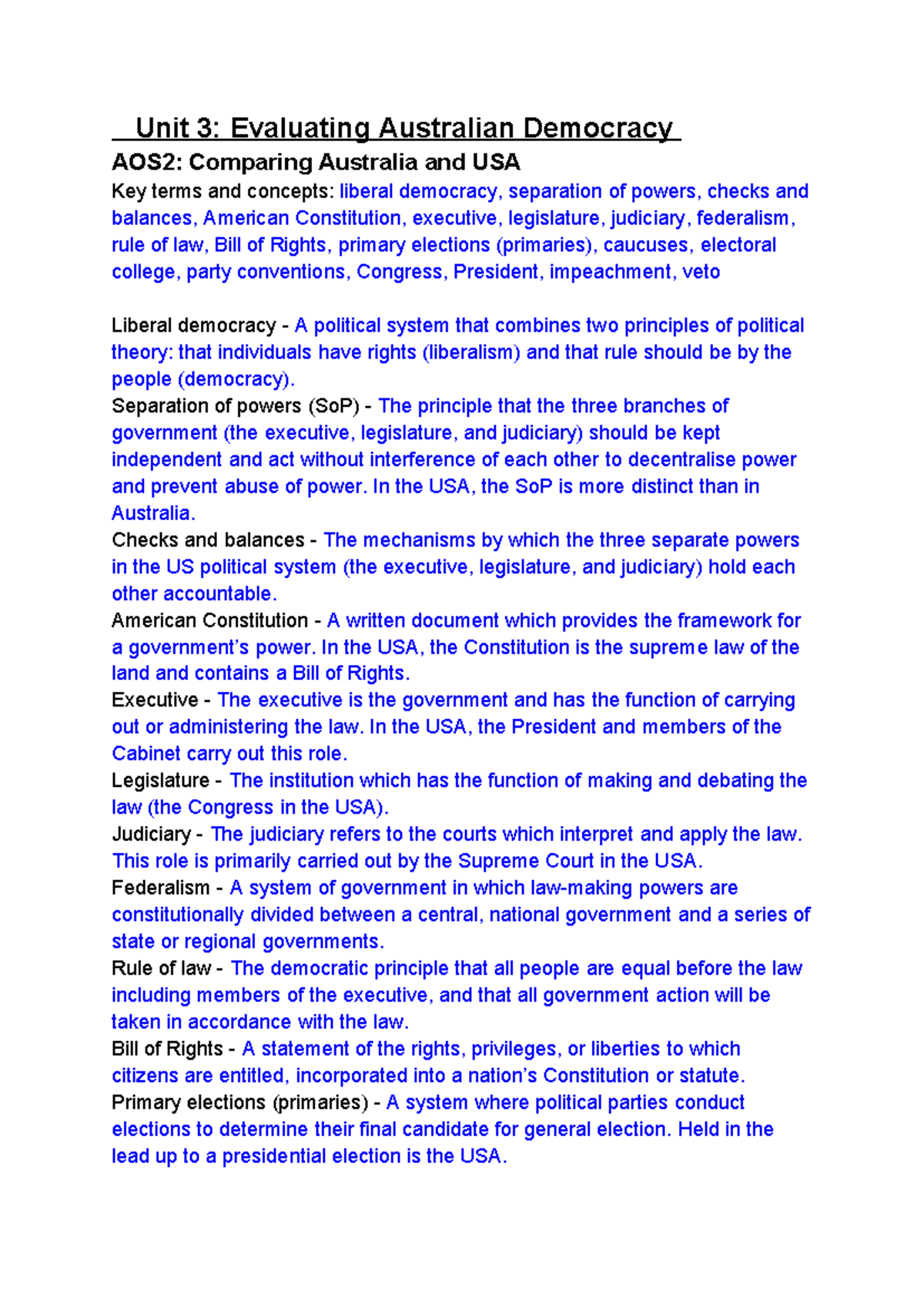 Unit 3 AOS2 Comparing Australia and USA - Units 3 4 Australian Politics ...