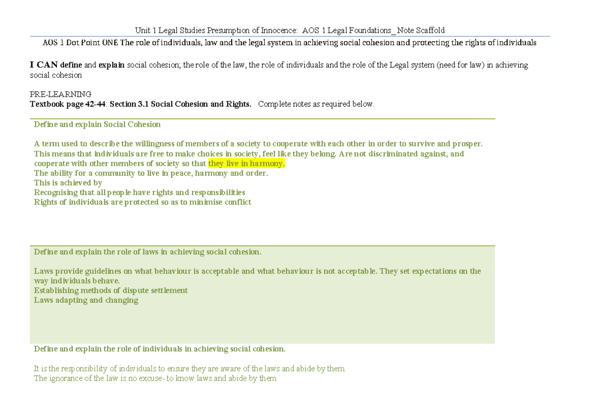 Unit 1 Legal Studies Presumption of Innocence - Complete notes as ...