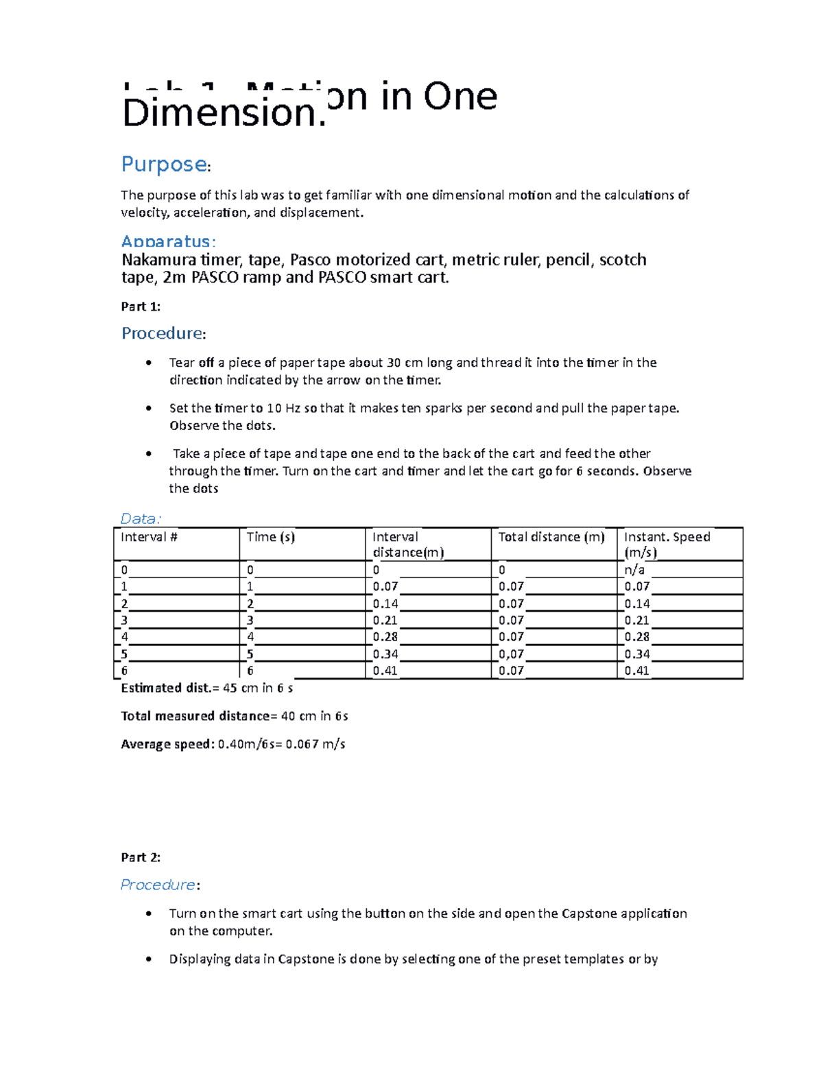 Lab 1 21 - Lab 1. Motion in One Dimension. - Lab 1. Motion in One ...