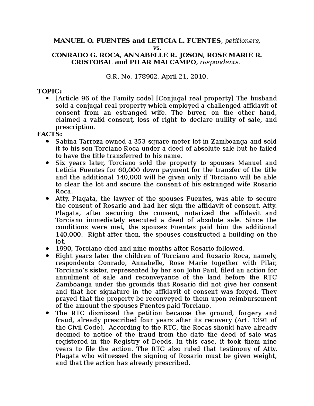 Fuentes v. Roca - MANUEL O. FUENTES and LETICIA L. FUENTES, petitioners ...