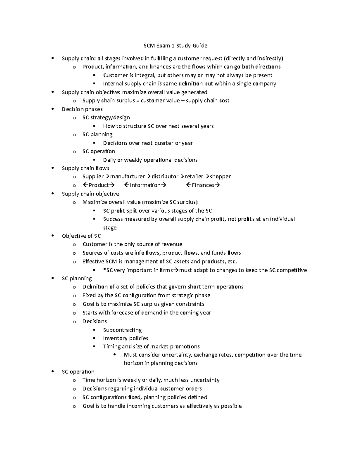 SCM Exam 1 Study Guide - Lecture notes 1-9 - SCM Exam 1 Study Guide ...