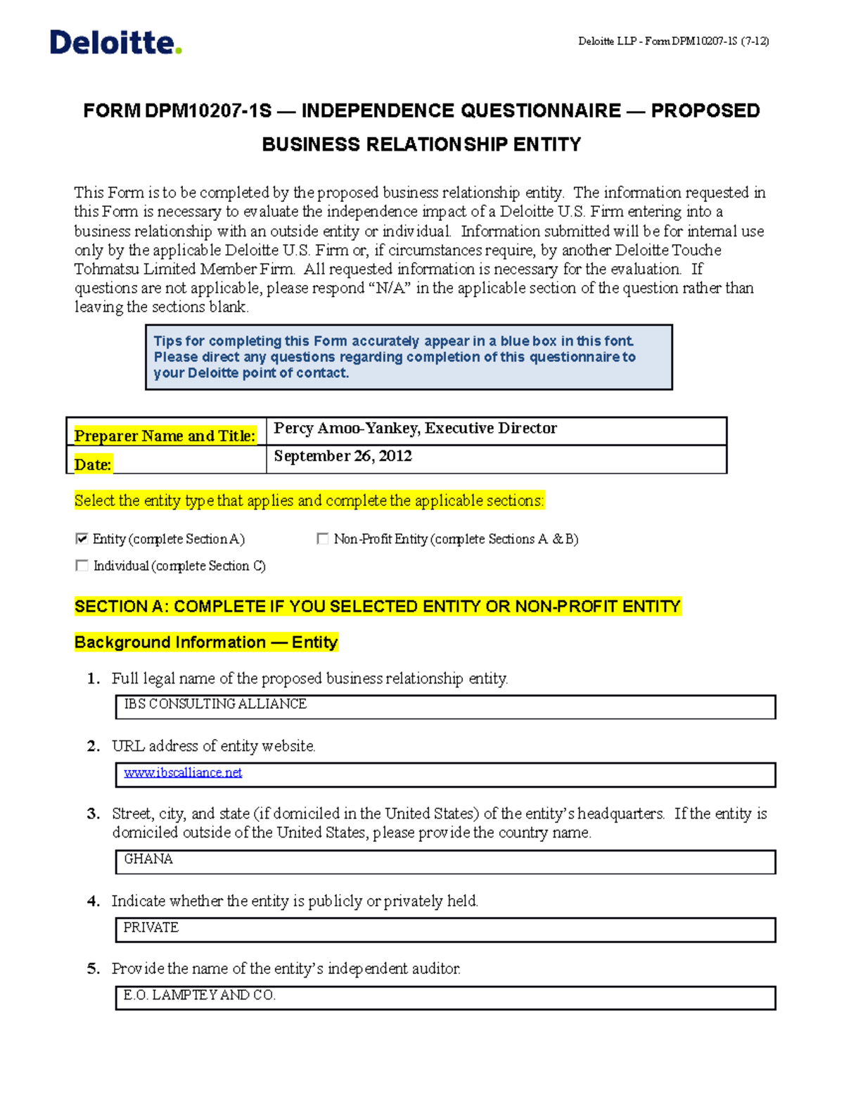 Deloitte Independence Questionnaire Fin GAP - Completed FORM - FORM ...