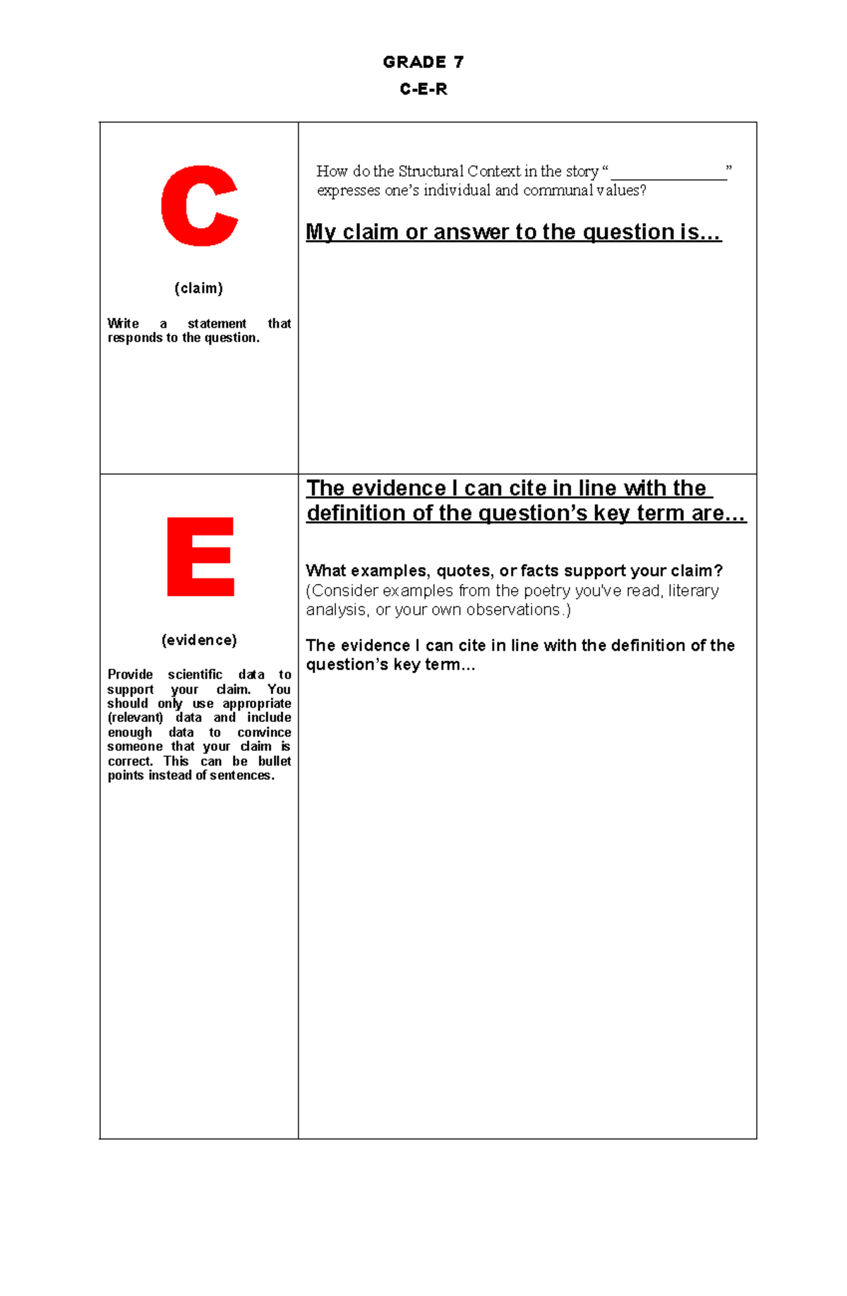 C-E-R Grade 7 template - GRADE 7 C-E-R C (claim) Write a statement that ...