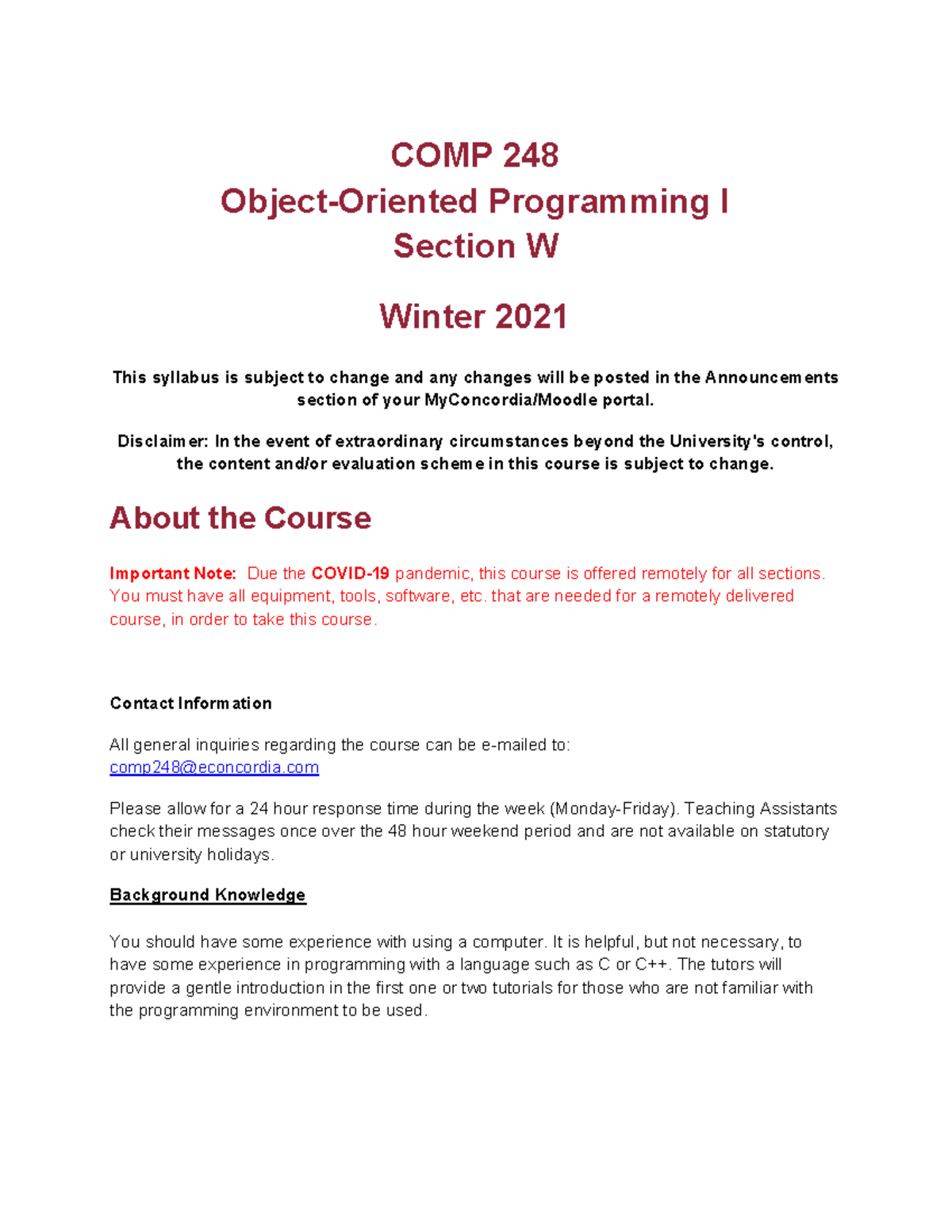 Outline-COMP 248 Section W- W 21 - COMP 248 Object-Oriented Programming I Section W Winter 2021 ...