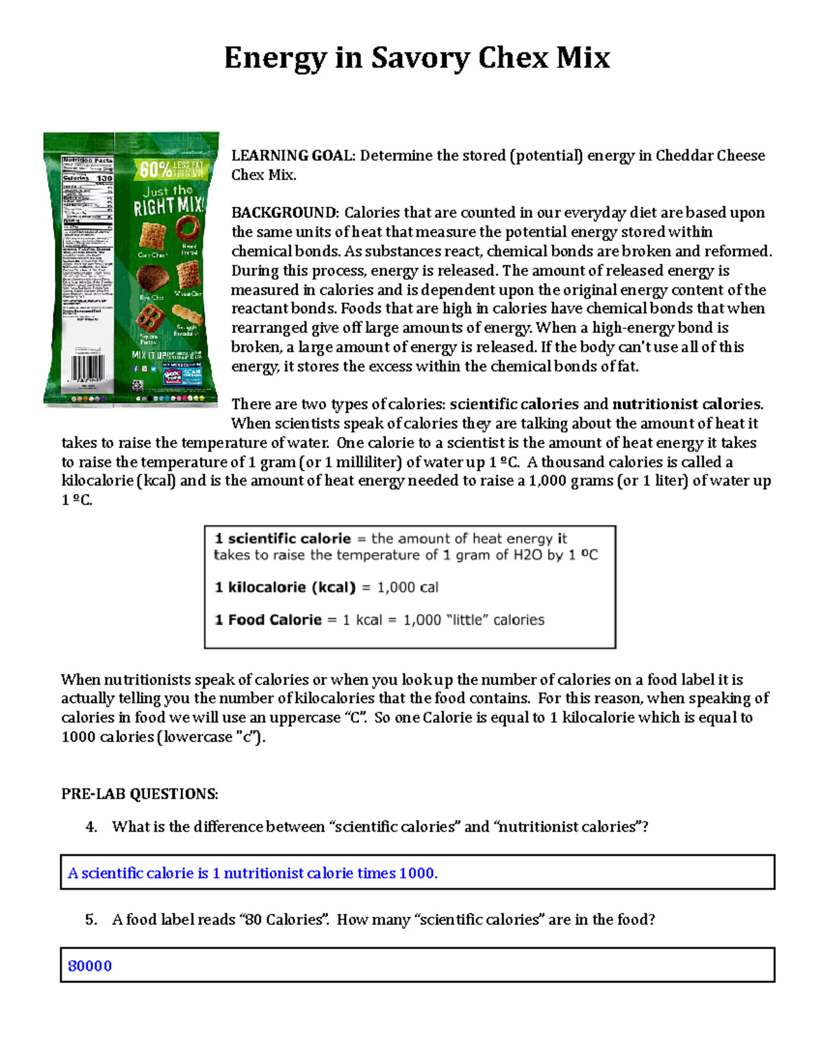 M5.4 Calorimetry Lab (2022) - Energy in Savory Chex Mix LEARNING GOAL ...