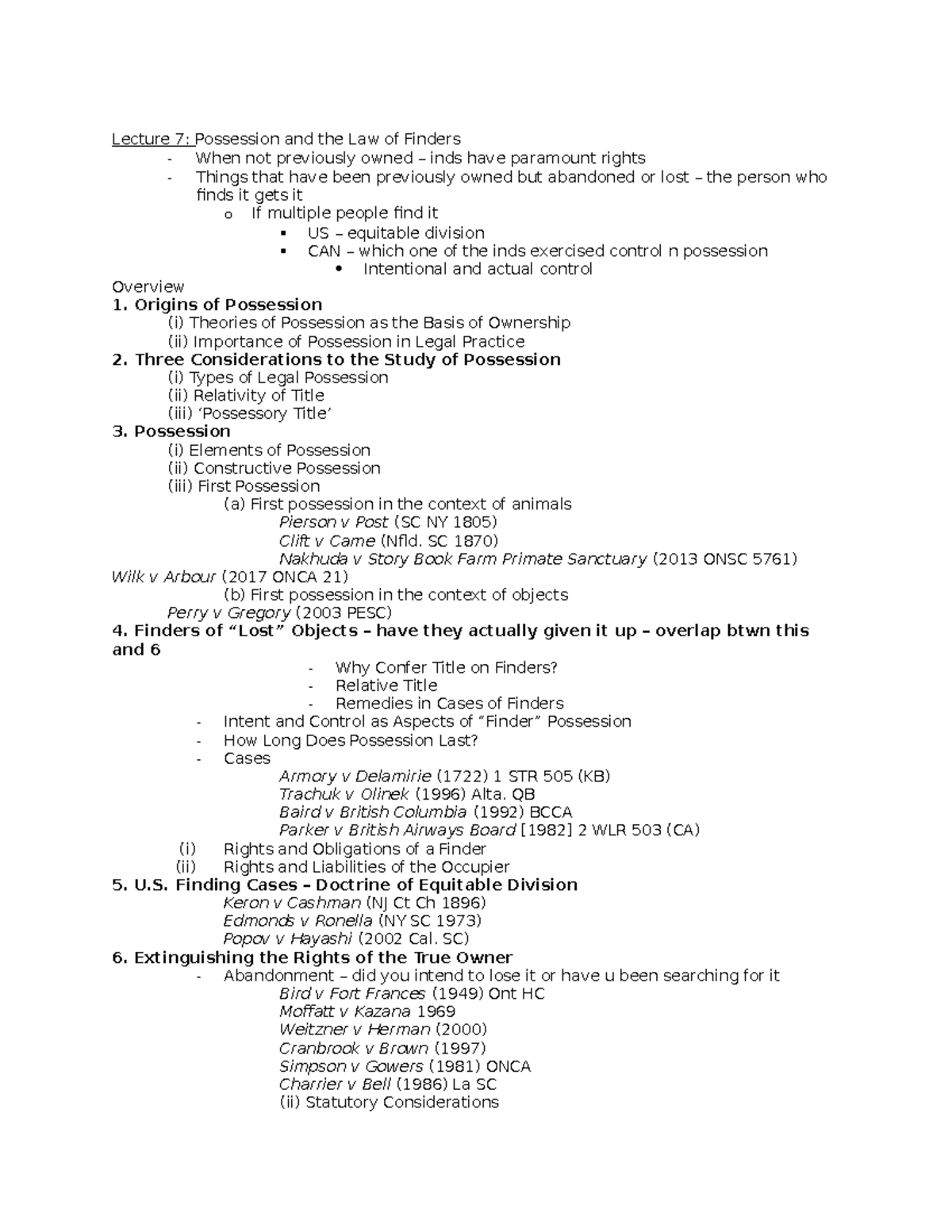 Class Note: Lecture d - Lecture 7: Possession and the Law of Finders ...