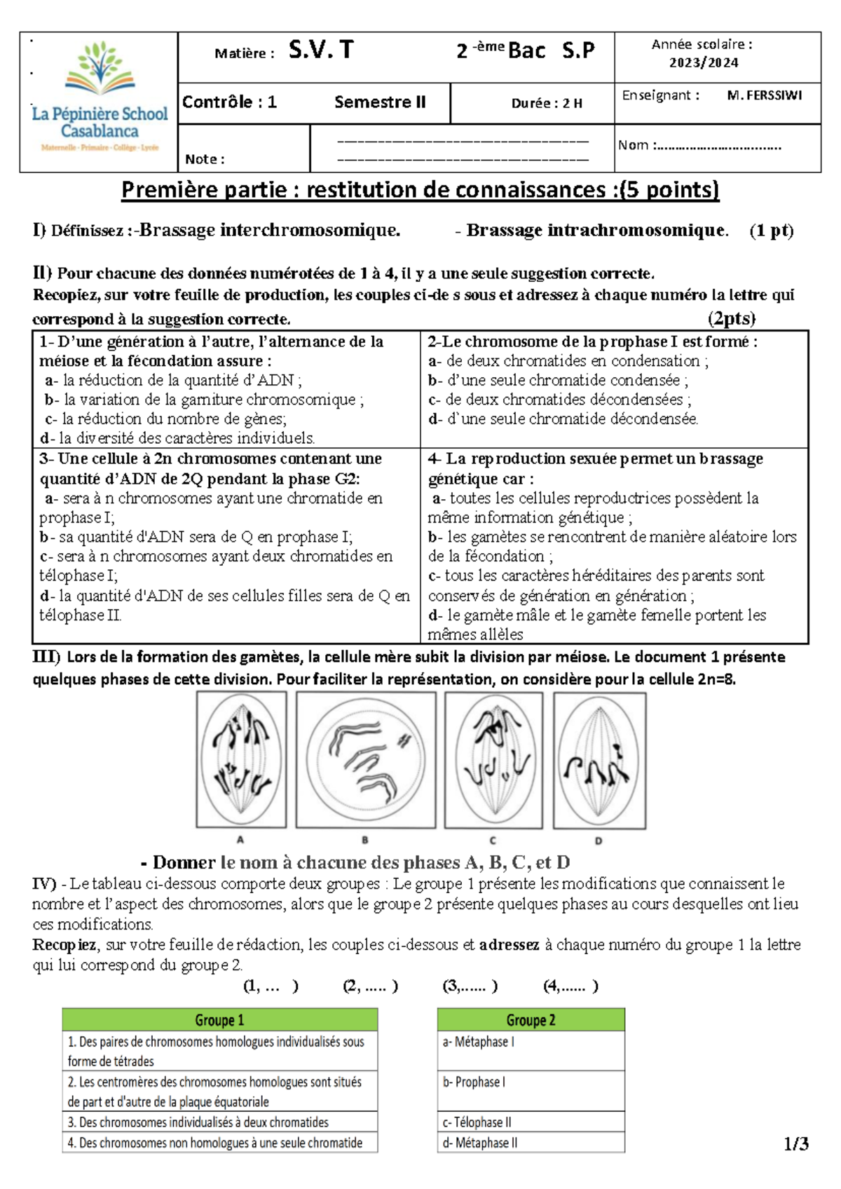 Controle 1 S II 2 Bac PC 2024 - Matière : S. T 2 - ème Bac S Année ...