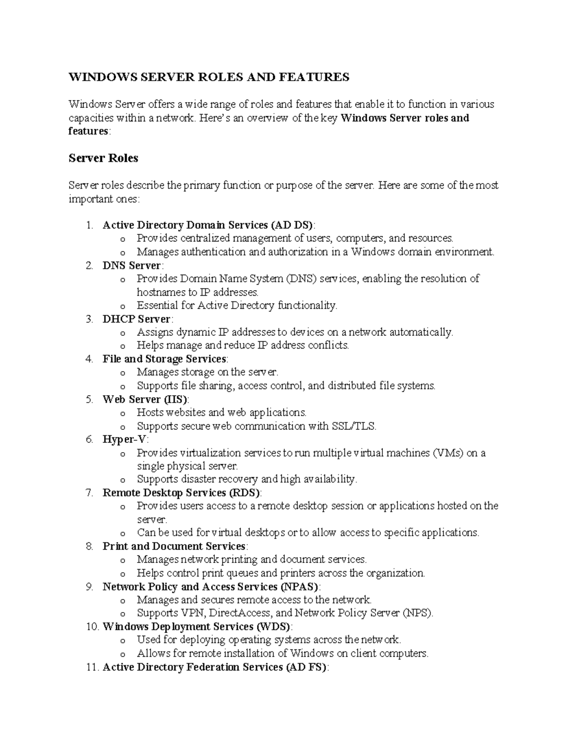 Windows Server Roles AND Features chapter one - WINDOWS SERVER ROLES ...