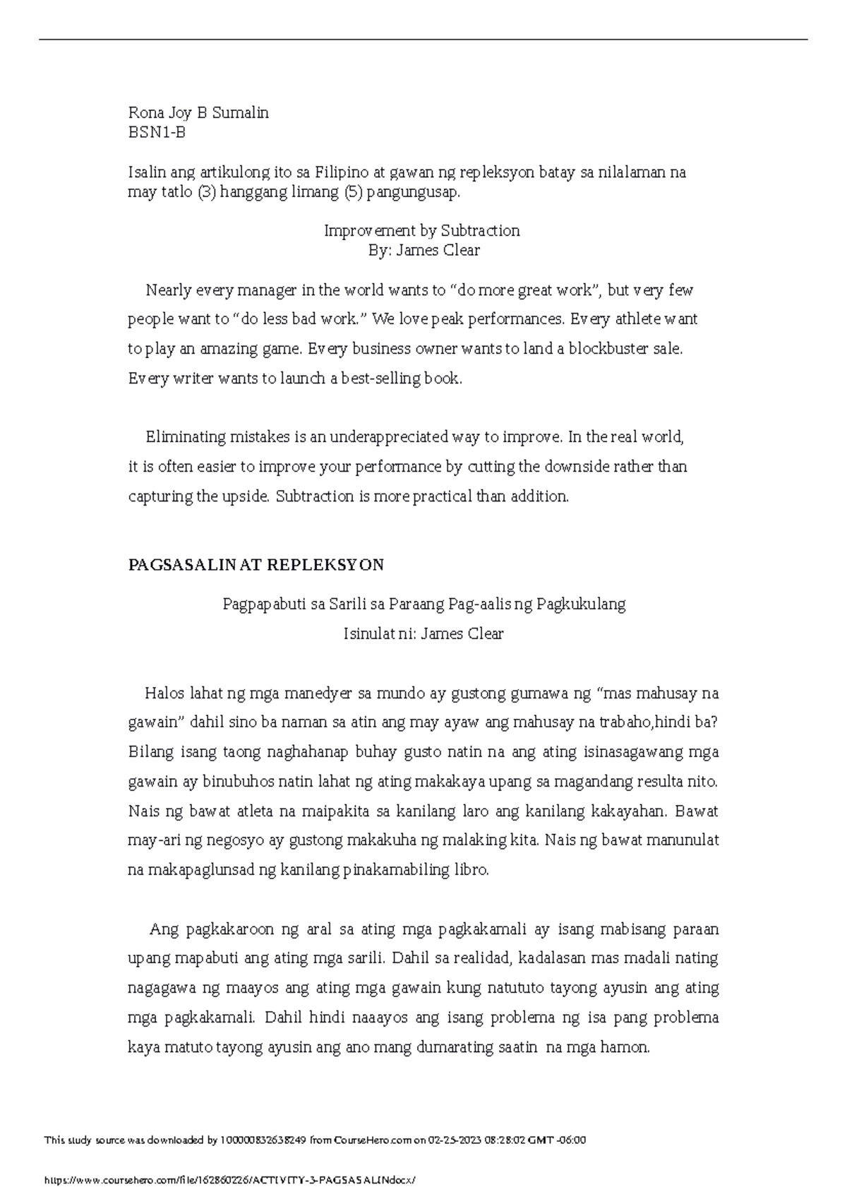 Activity 3 Pagsasalin - nwjjwjwjw - Rona Joy B Sumalin BSN1-B Isalin ang artikulong ito sa ...