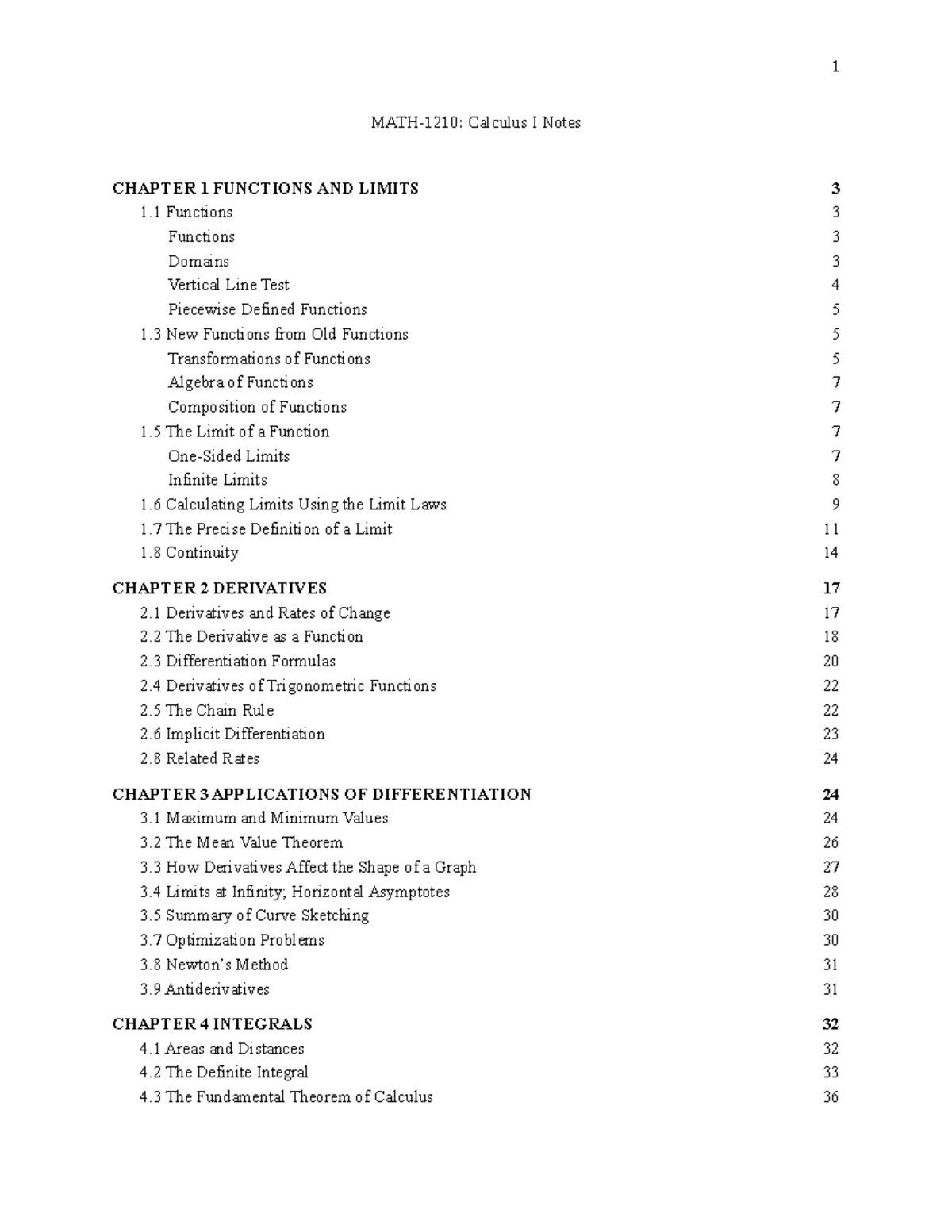 MATH-1210 Notes - MATH-1210: Calculus I Notes CHAPTER 1 FUNCTIONS AND ...