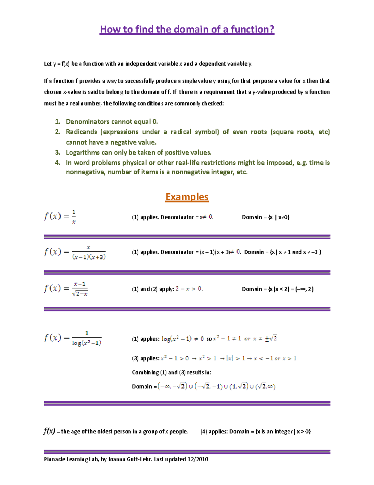 Domains of a Function Definitions Examples fir algebra - Pinnacle ...