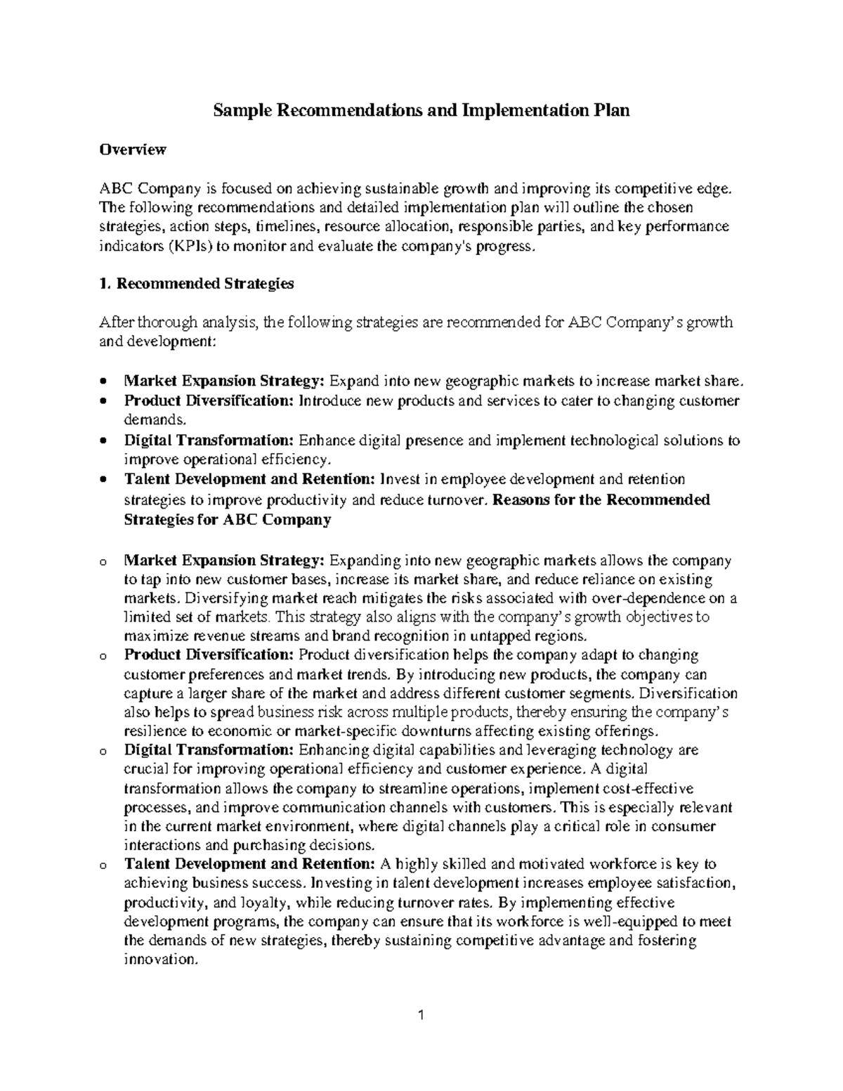 Sample Recommendations and Implementation Plan ...