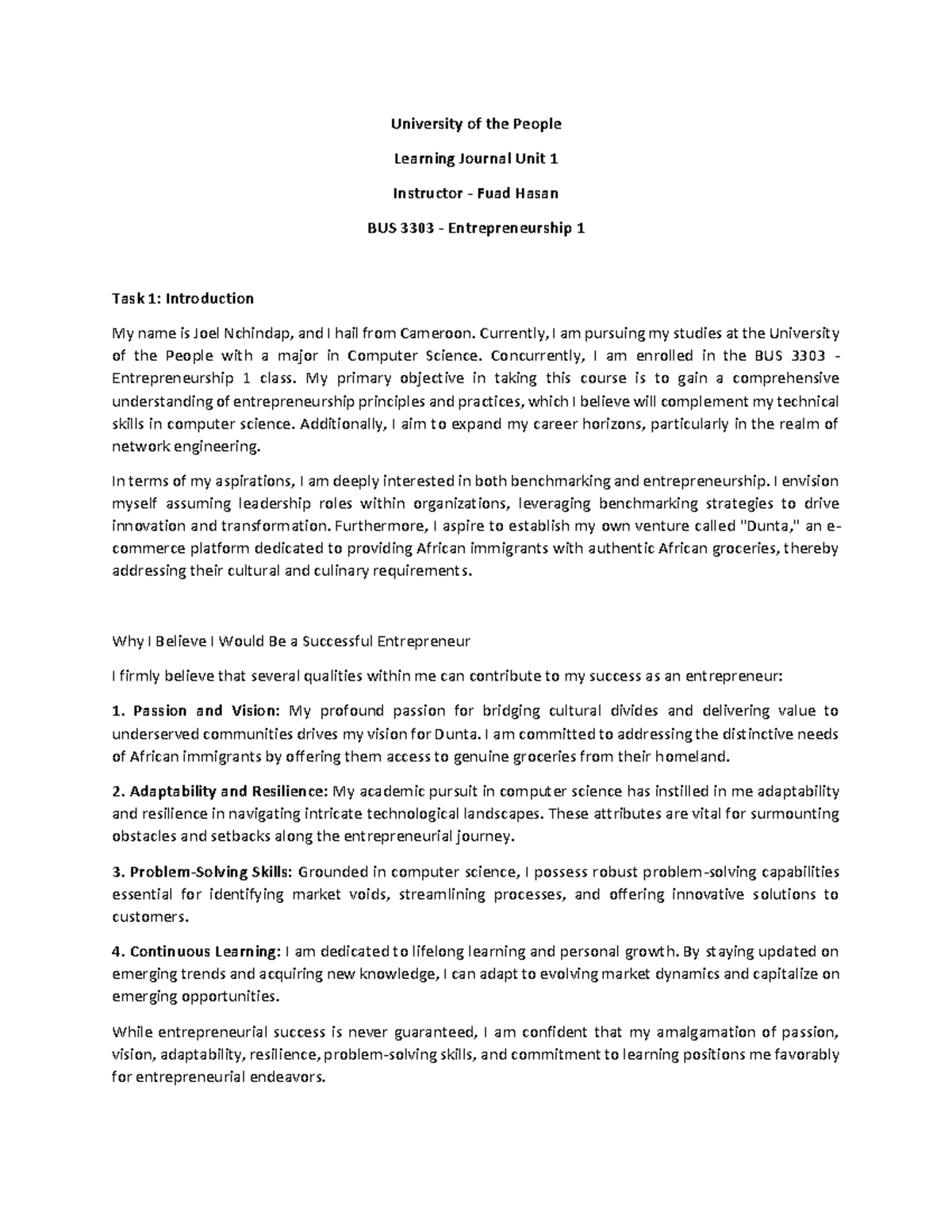 Bus 3303 Learning Journal Unit 1 University Of The People Learning Journal Unit 1 Instructor