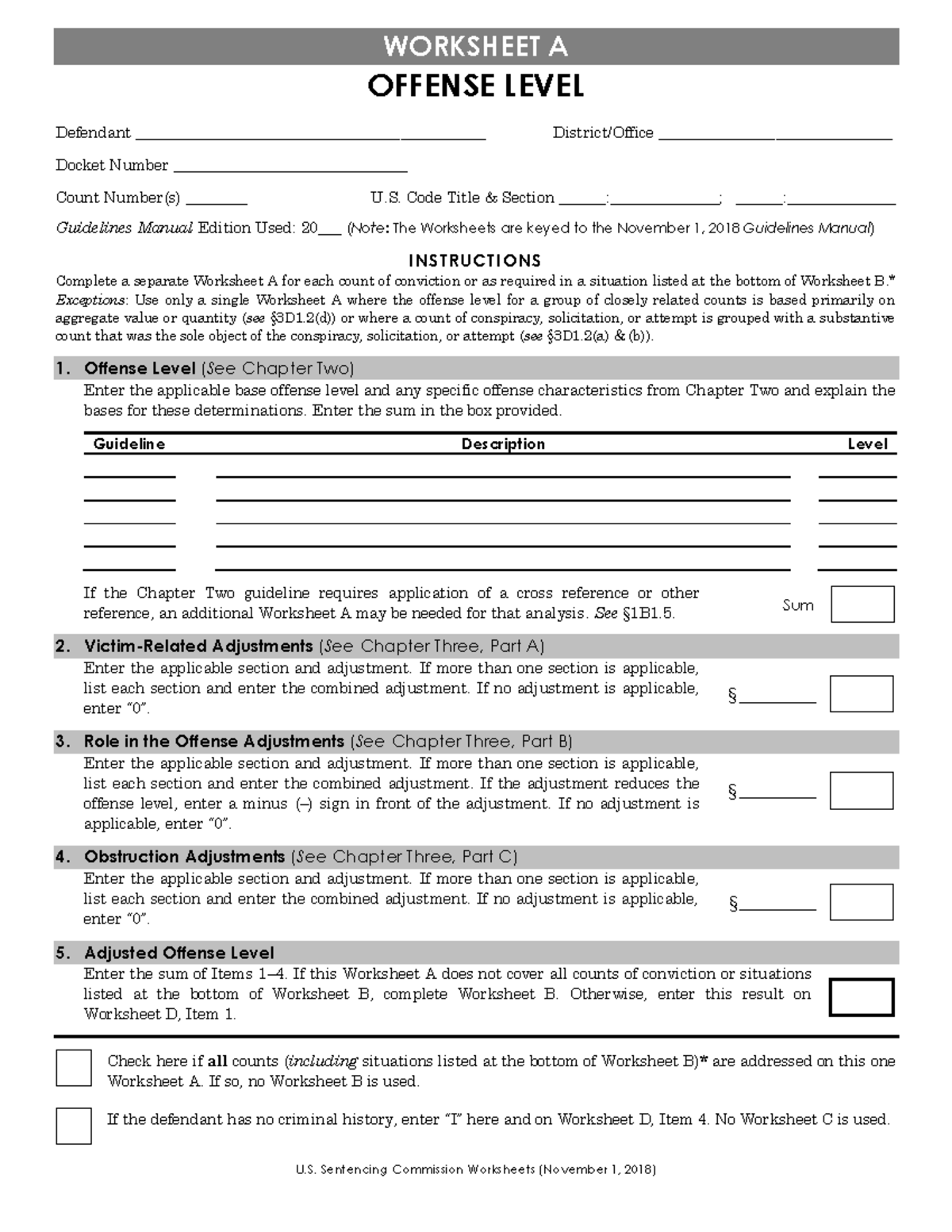 2018 sentencing worksheet - WORKSHEET A OFFENSE LEVEL Defendant - Studocu