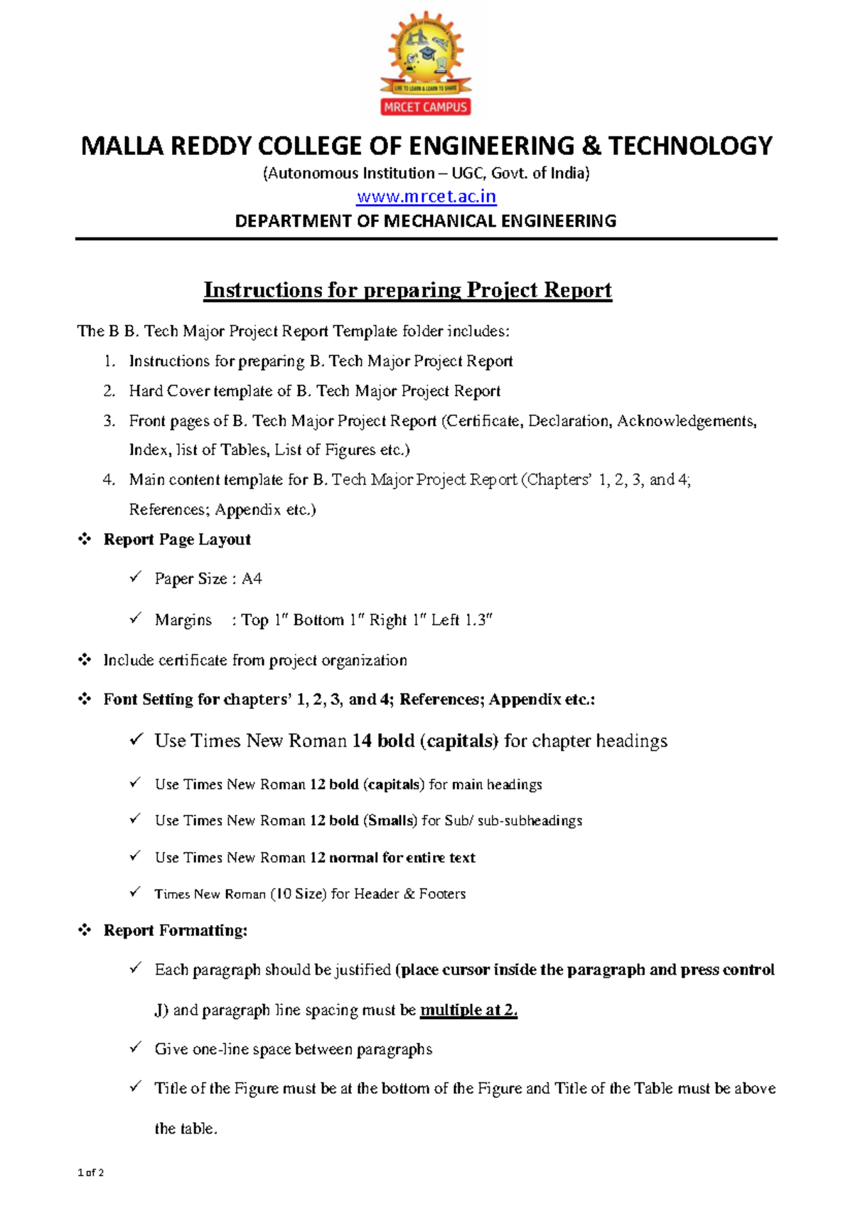 B.Tech Project Model Layout - MALLA REDDY COLLEGE OF ENGINEERING ...