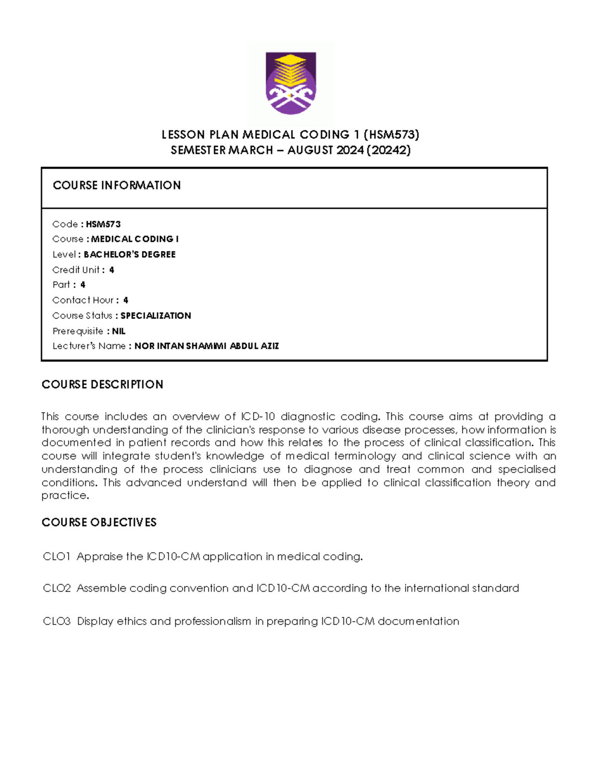 HSM573 Lesson PLAN SEM MAC AUG2024 - LESSON PLAN MEDICAL CODING 1 ...