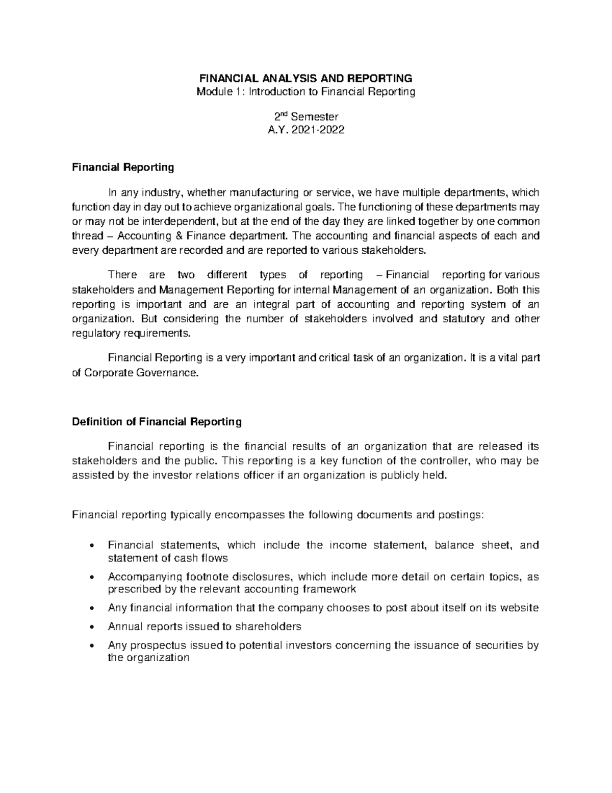 Financial Analysis and Reporting Module 1 - FINANCIAL ANALYSIS AND ...