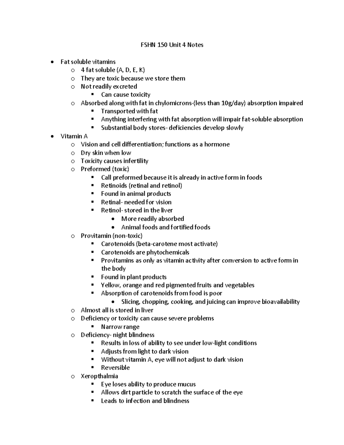 FSHN 150 Unit 4 Notes - FSHN 150 Unit 4 Notes Fat soluble vitamins o 4 ...