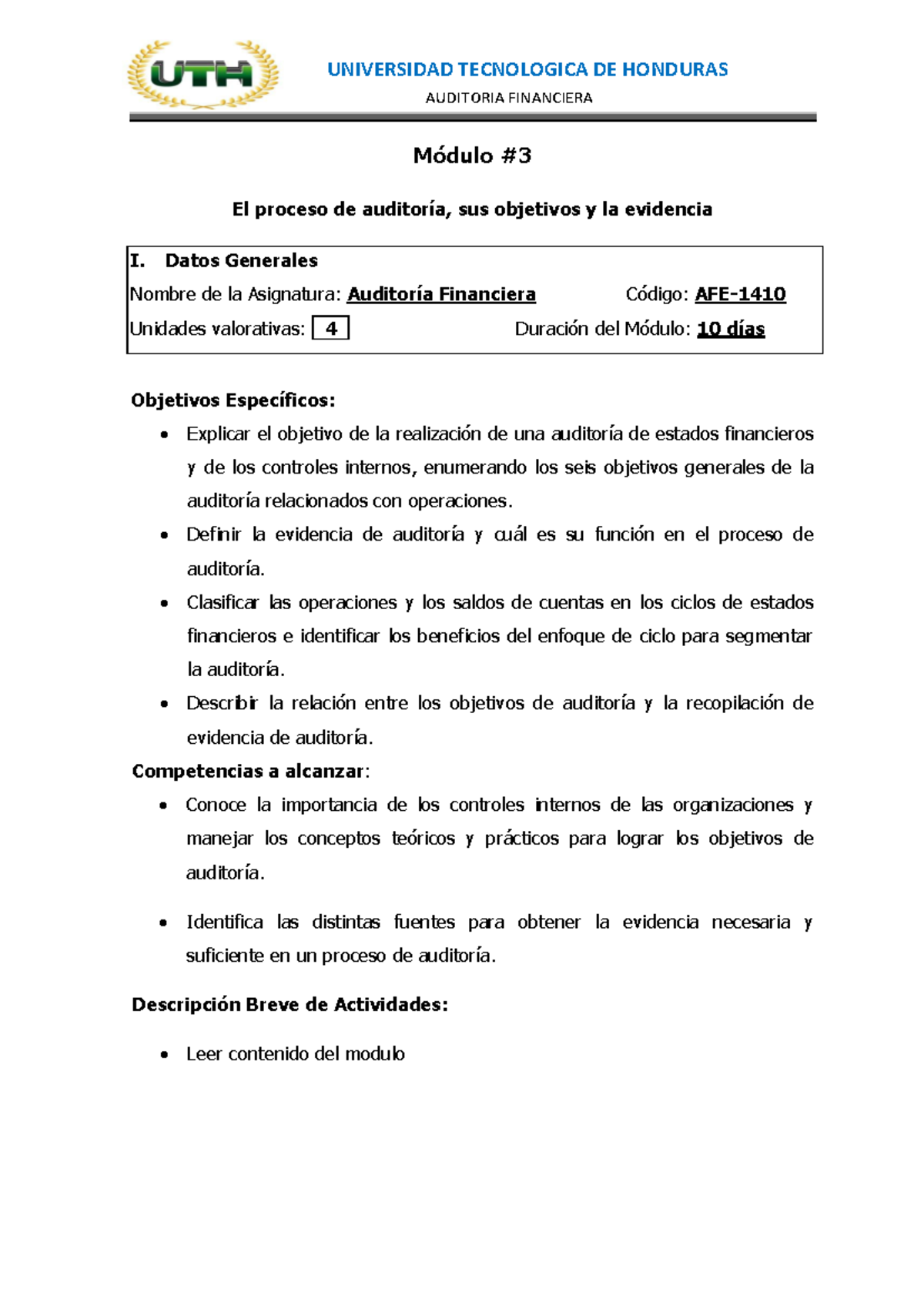 Modulo 3 AF El proceso de auditoria objetivos y evidencia - AUDITORIA FINANCIERA Módulo # El ...