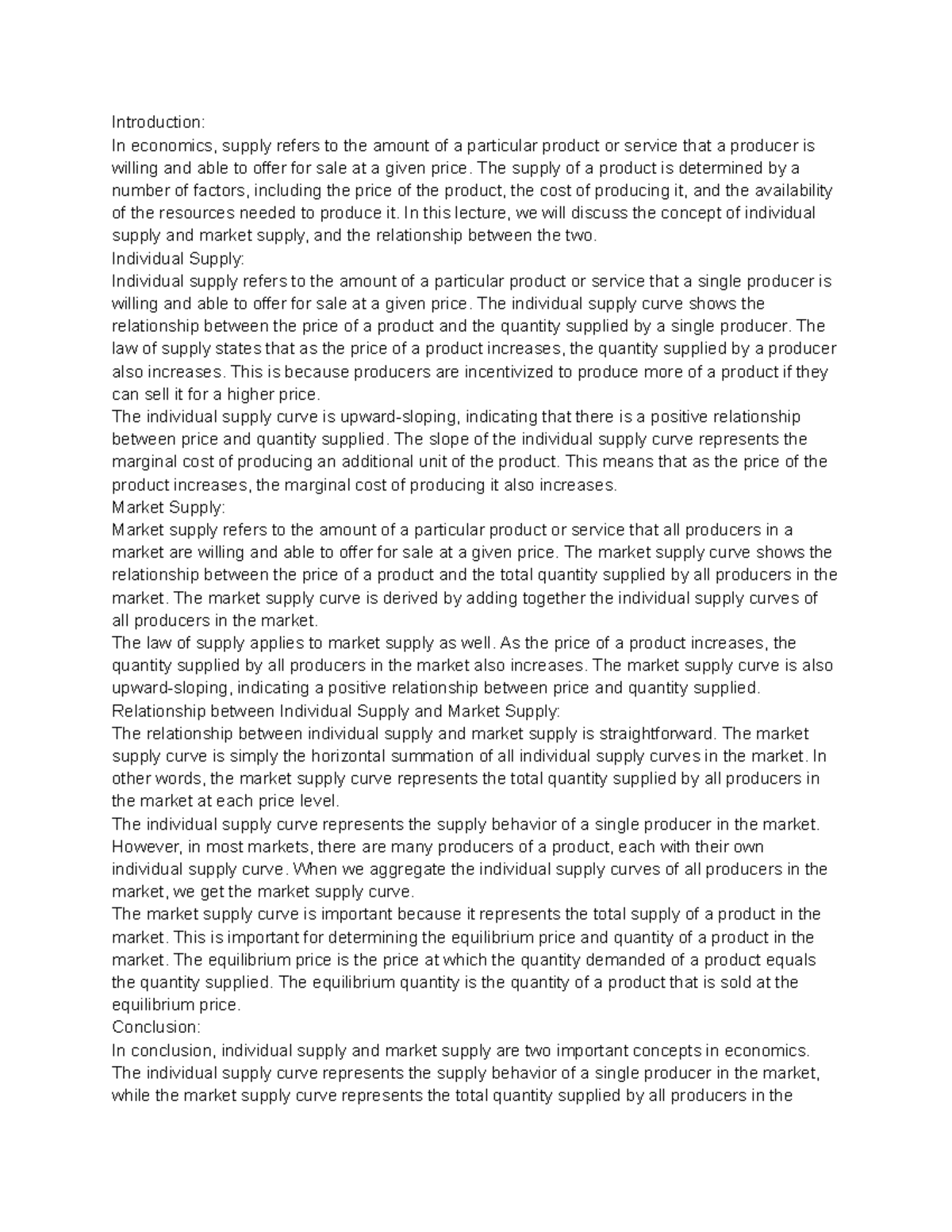 ECON101 lecture notes 4 - Introduction: In economics, supply refers to ...