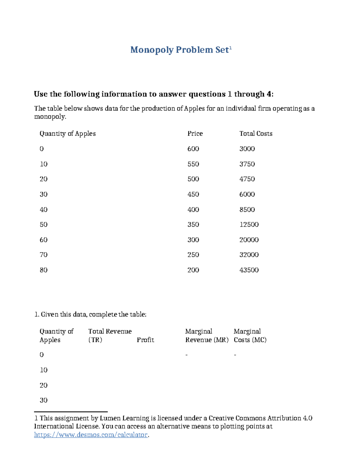 0000215689Monopoly - Monopoly Problem Set 1 Use the following information to answer questions 1 ...