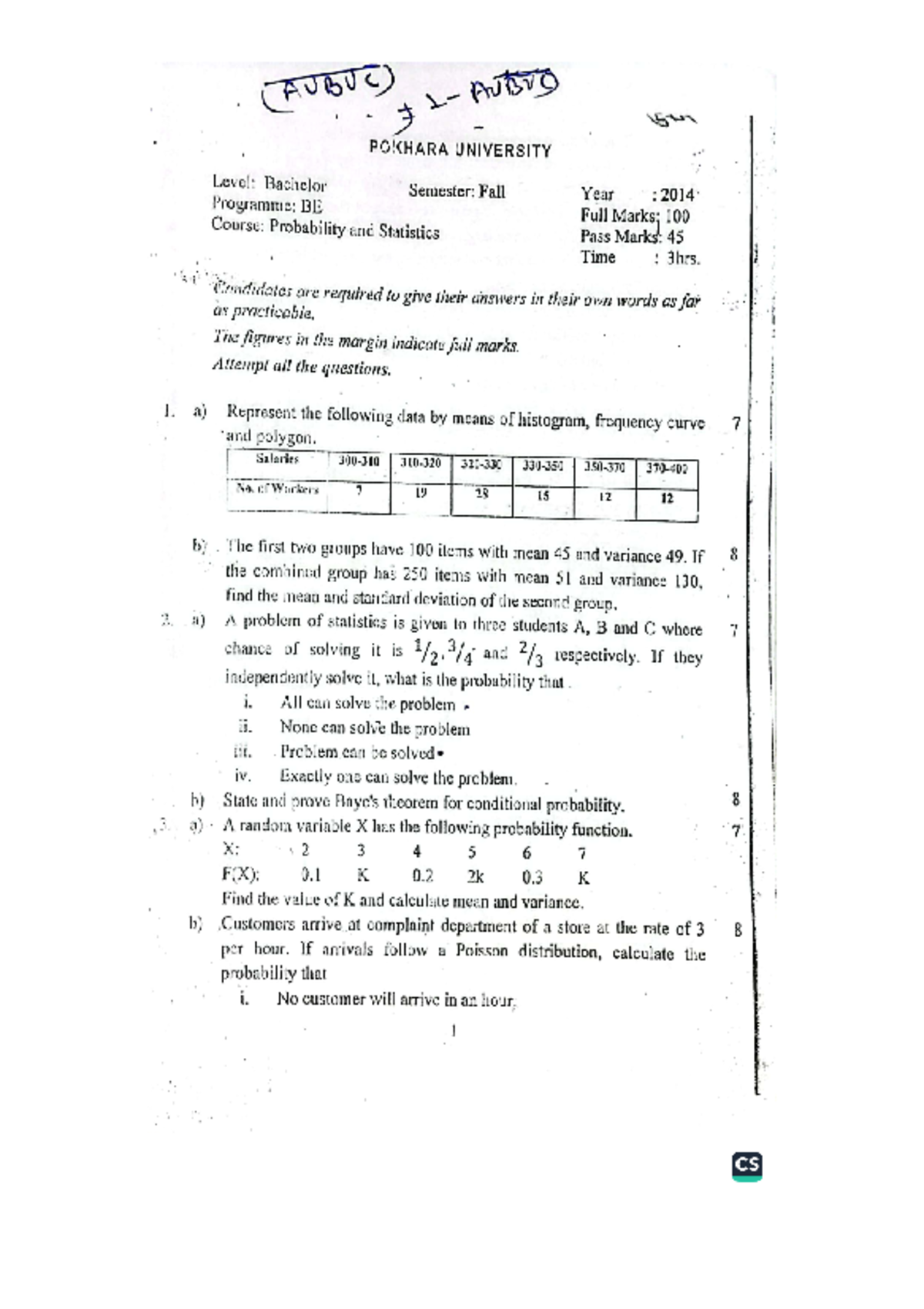 Probability and statistics past question - (AUBUC) AUBUD POKHARA ...