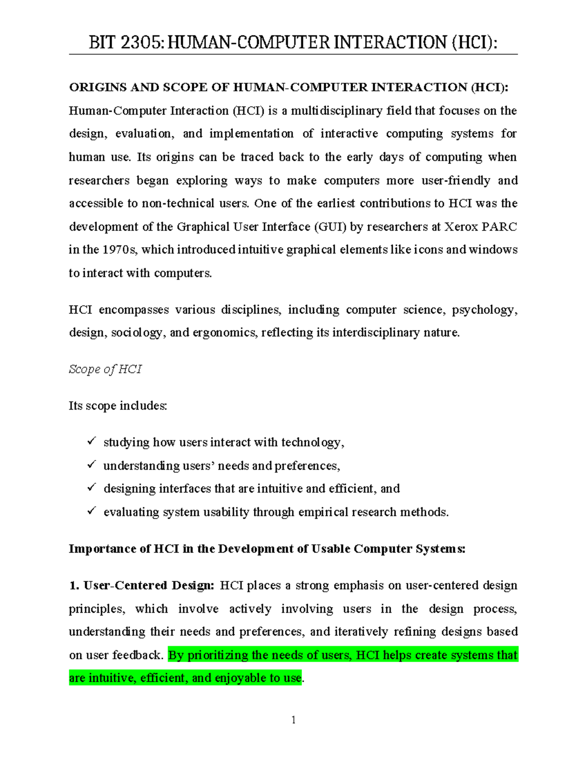 BIT 2305 - HCI - Comprehensive Lectures notes for HCI - BIT 2305: HUMAN ...