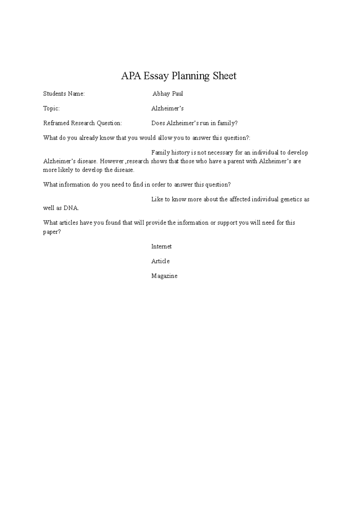 APA Essay Planning Sheet - APA Essay Planning Sheet Students Name ...