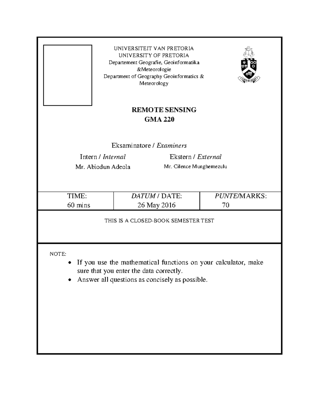 Null-5 - Past Paper - UNIVERSITEIT VAN PRETORIA UNIVERSITY OF PRETORIA ...