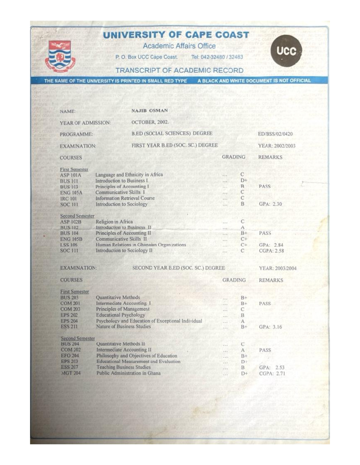 Najib- Certificates-2 - UNIVERSITY OF CAPE COAST Academic Affairs ...