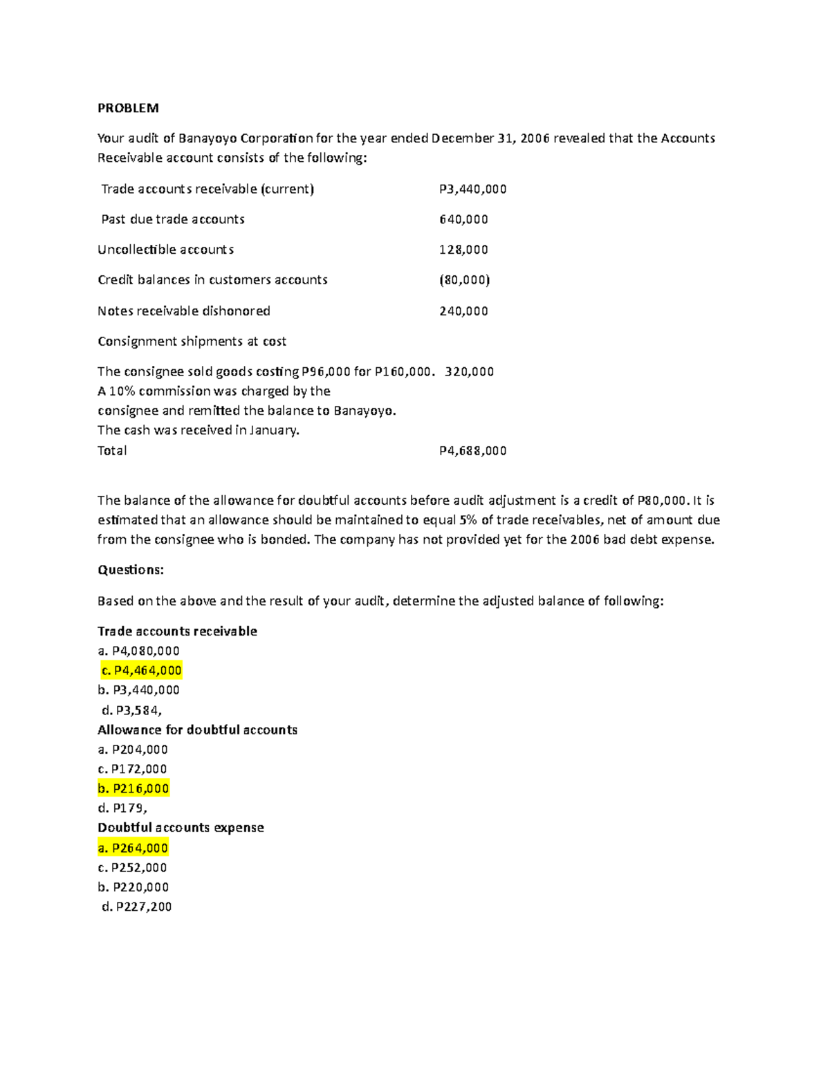 Accounts Receivable Practice Problems with Answer - PROBLEM Your audit ...