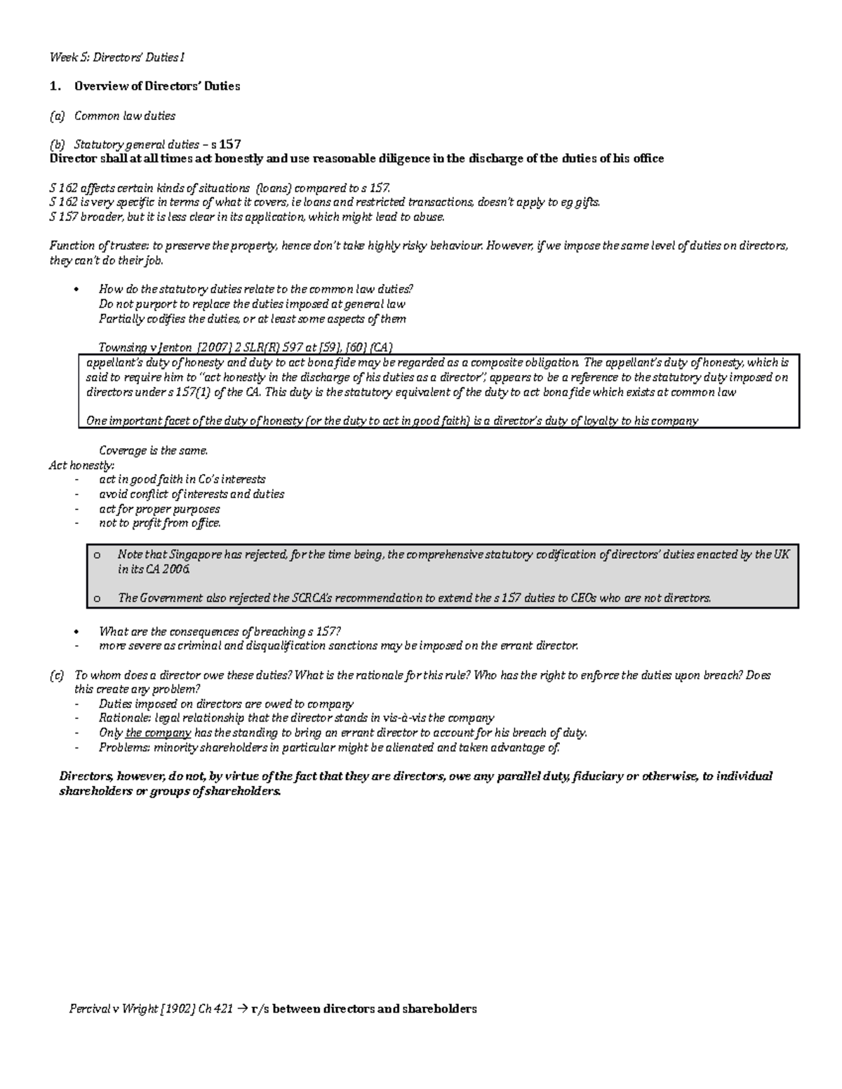 Week 5 Directors' Duties - Week 5: Directors’ Duties I 1. Overview of ...