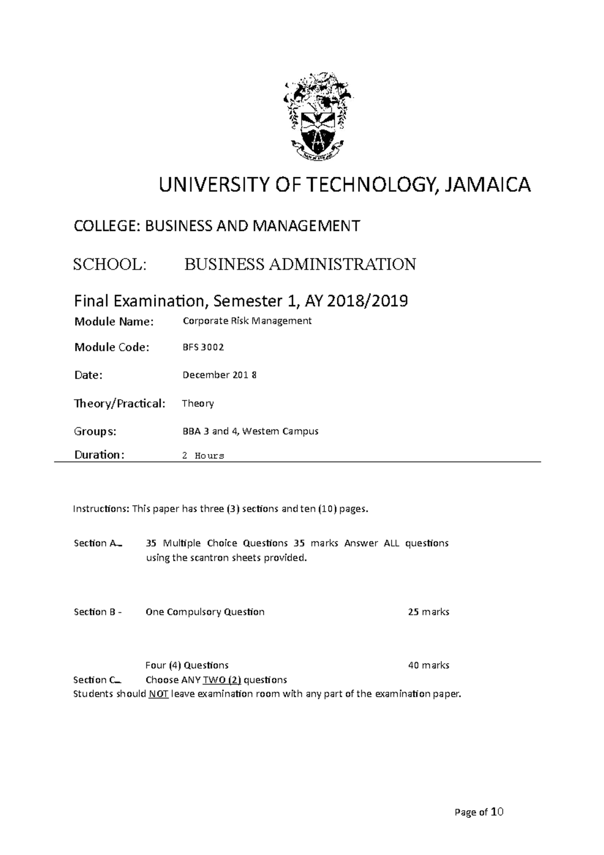 Dece2018 - Corporate Risk pass paper - UNIVERSITY OF TECHNOLOGY ...