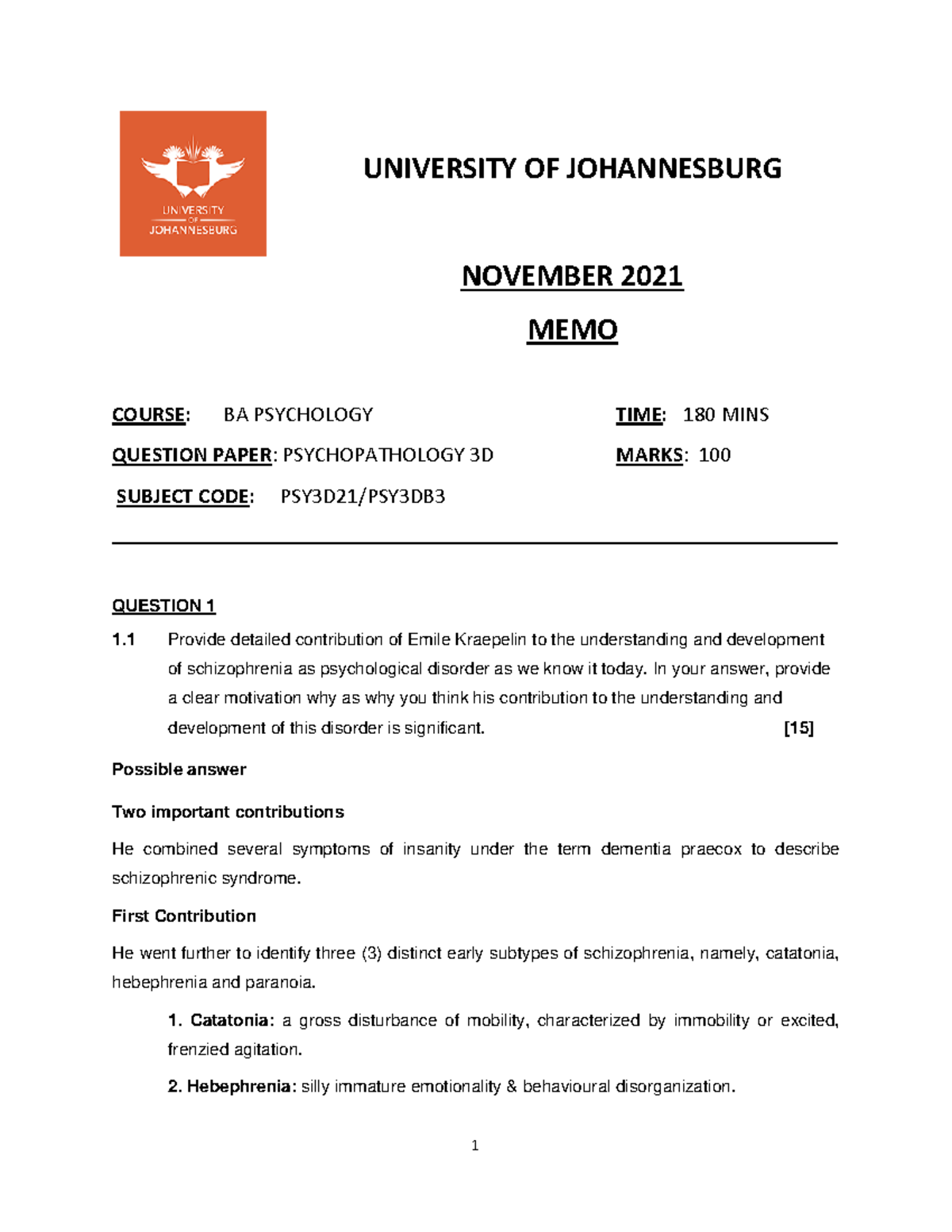 3D Nov 2021 exam MEMO - Psychology - UNIVERSITY OF JOHANNESBURG ...