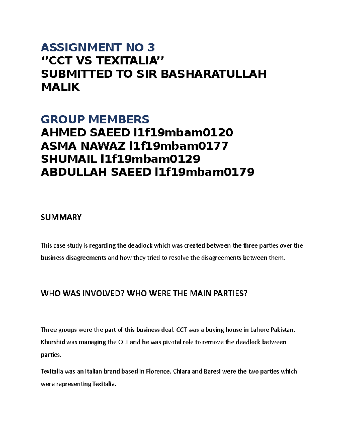 Assignment NO 3 cct vs tex - ASSIGNMENT NO 3 ‘’CCT VS TEXITALIA’’ SUBMITTED TO SIR BASHARATULLAH ...